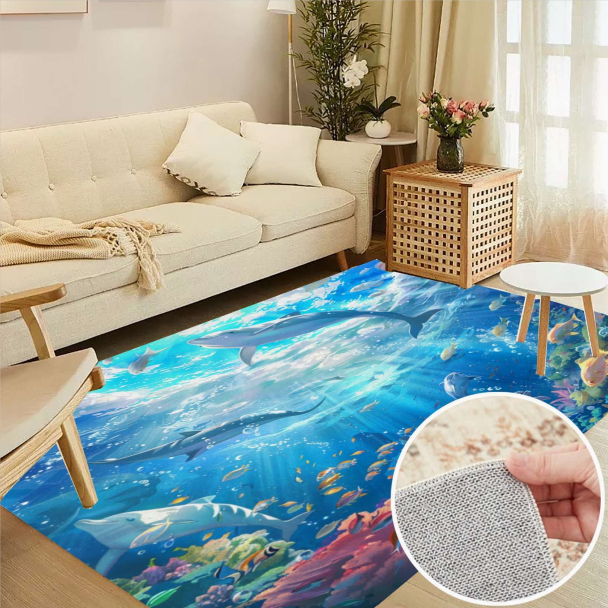 Dolphin Under The Sea Ocean Animals Soft Large Area Rugs Washable Rug ...