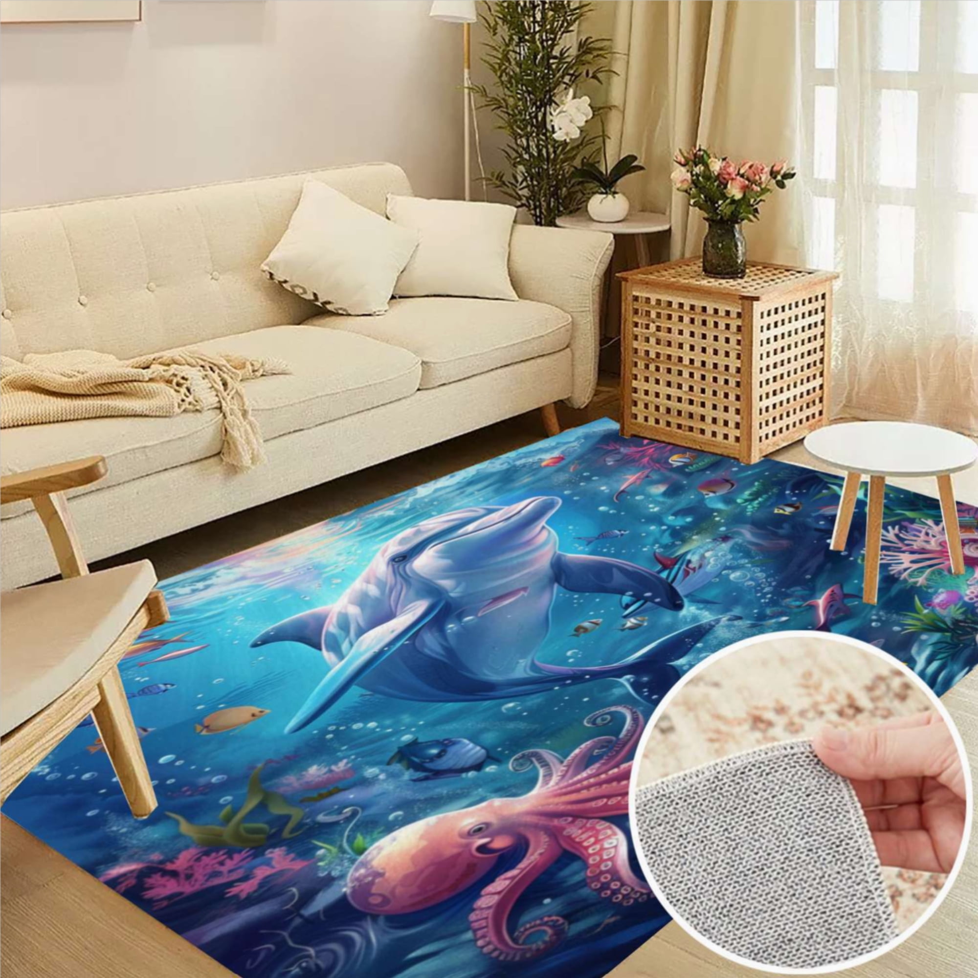 Dolphin Under The Sea Ocean Animals Soft Large Area Rugs Washable Rug ...