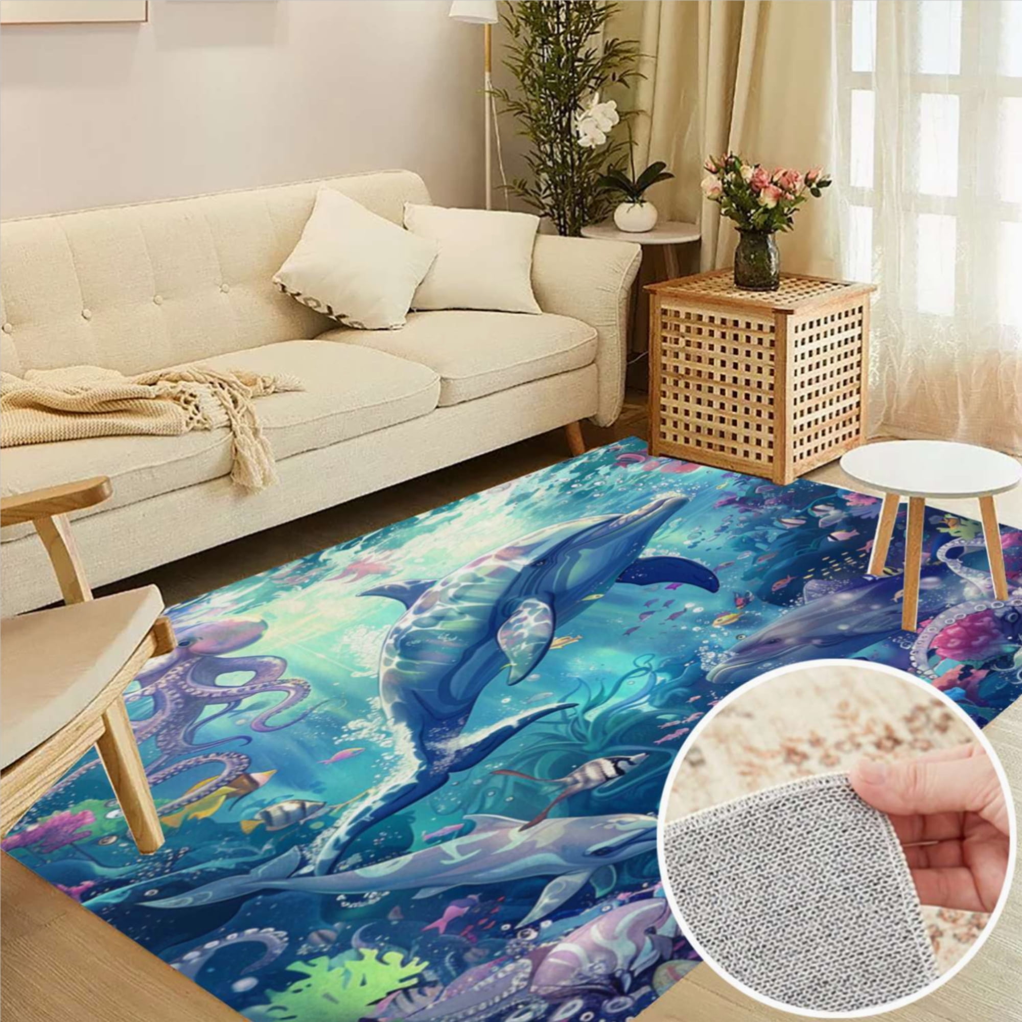 Dolphin Under The Sea Ocean Animals Soft Large Area Rugs Washable Rug ...
