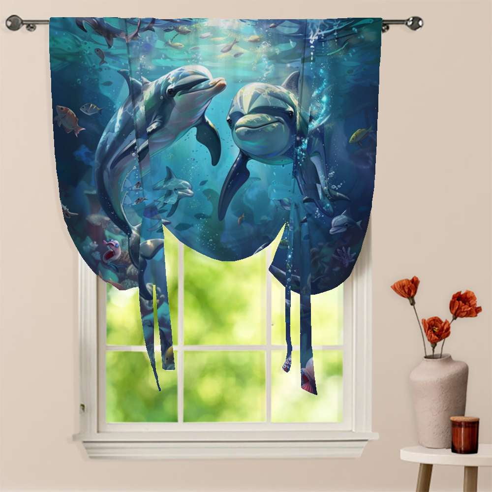 Dolphin Under The Sea Ocean Animals Window Curtain for Living Room Roman Curtain Kitchen Tie-up ...
