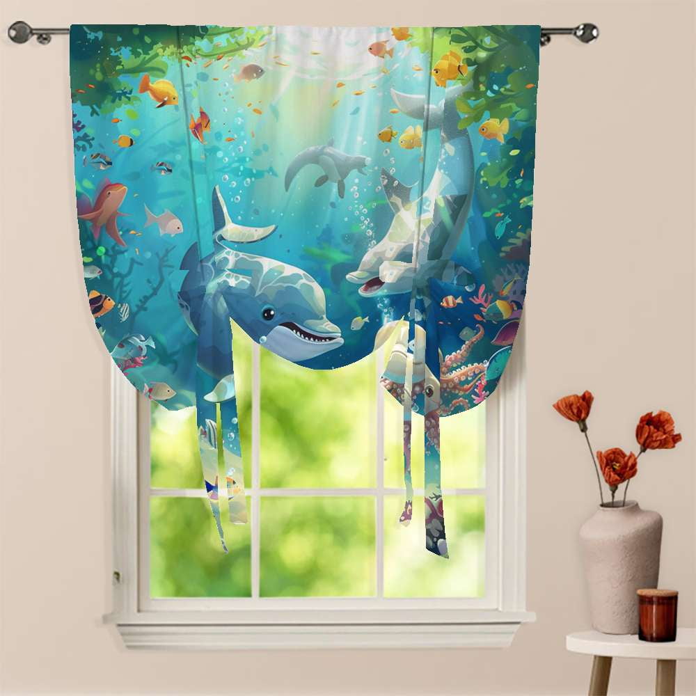 Dolphin Under The Sea Ocean Animals Window Curtain for Living Room Roman Curtain Kitchen Tie-up ...