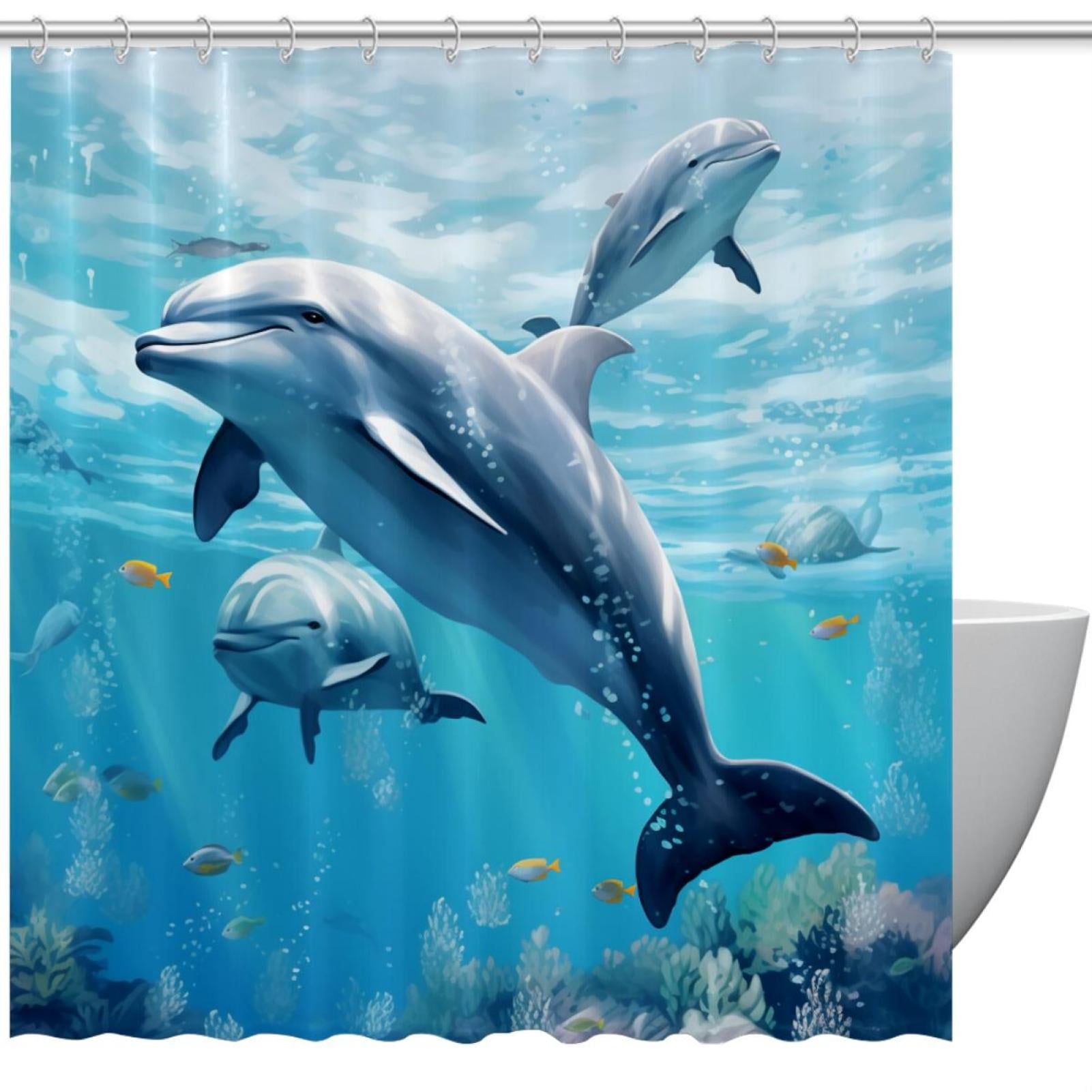 Dolphin Waterproof Shower Curtain Set with Hooks and Printed Design ...