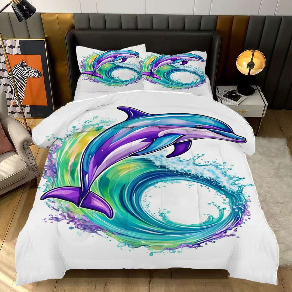 Dolphin Wave Splash Art Comforter Set Full Size Bedding Set For Travl ...