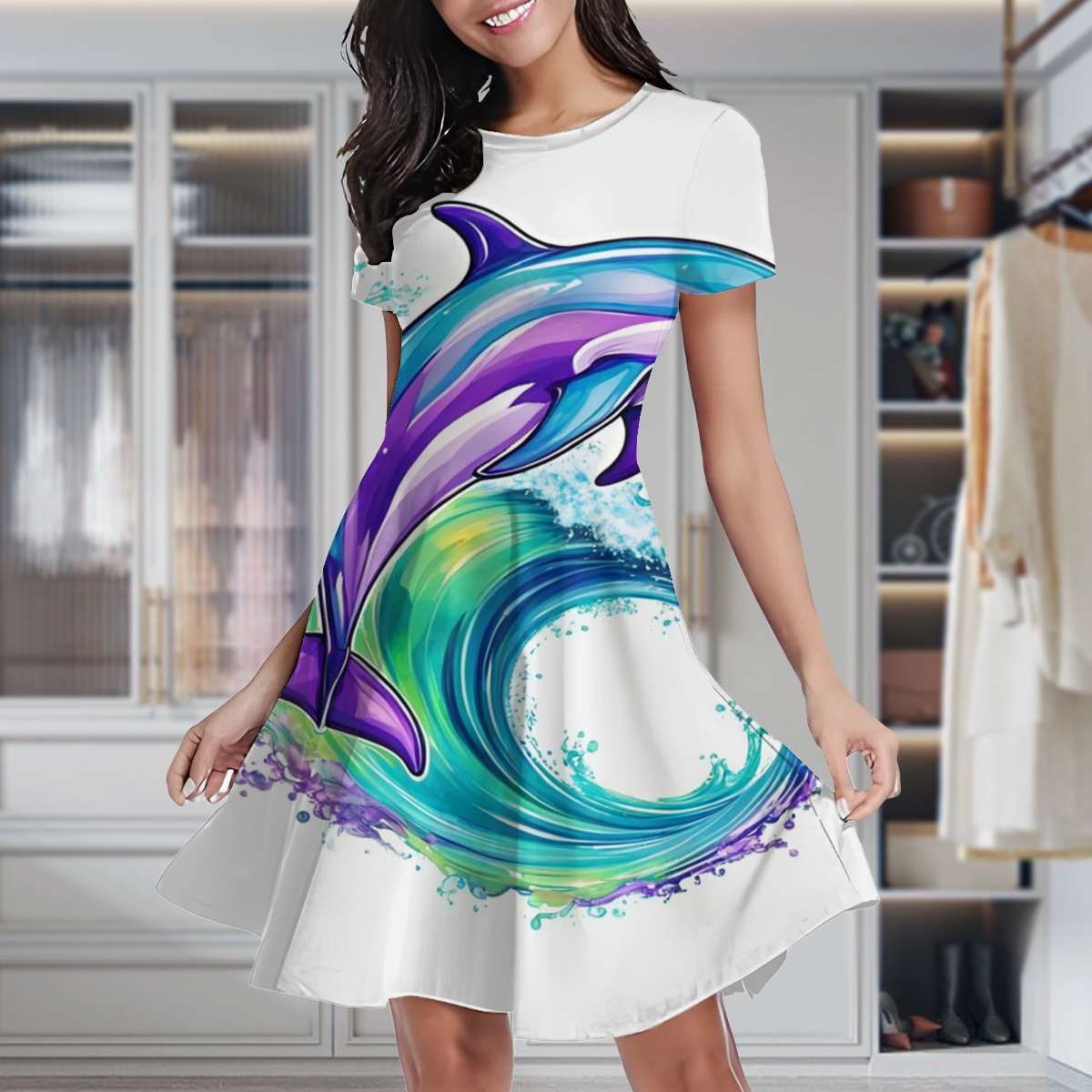 Dolphin Wave Splash Art Women's Classic Swing Skater Dress Casual Work Party Cocktail Dresses ...