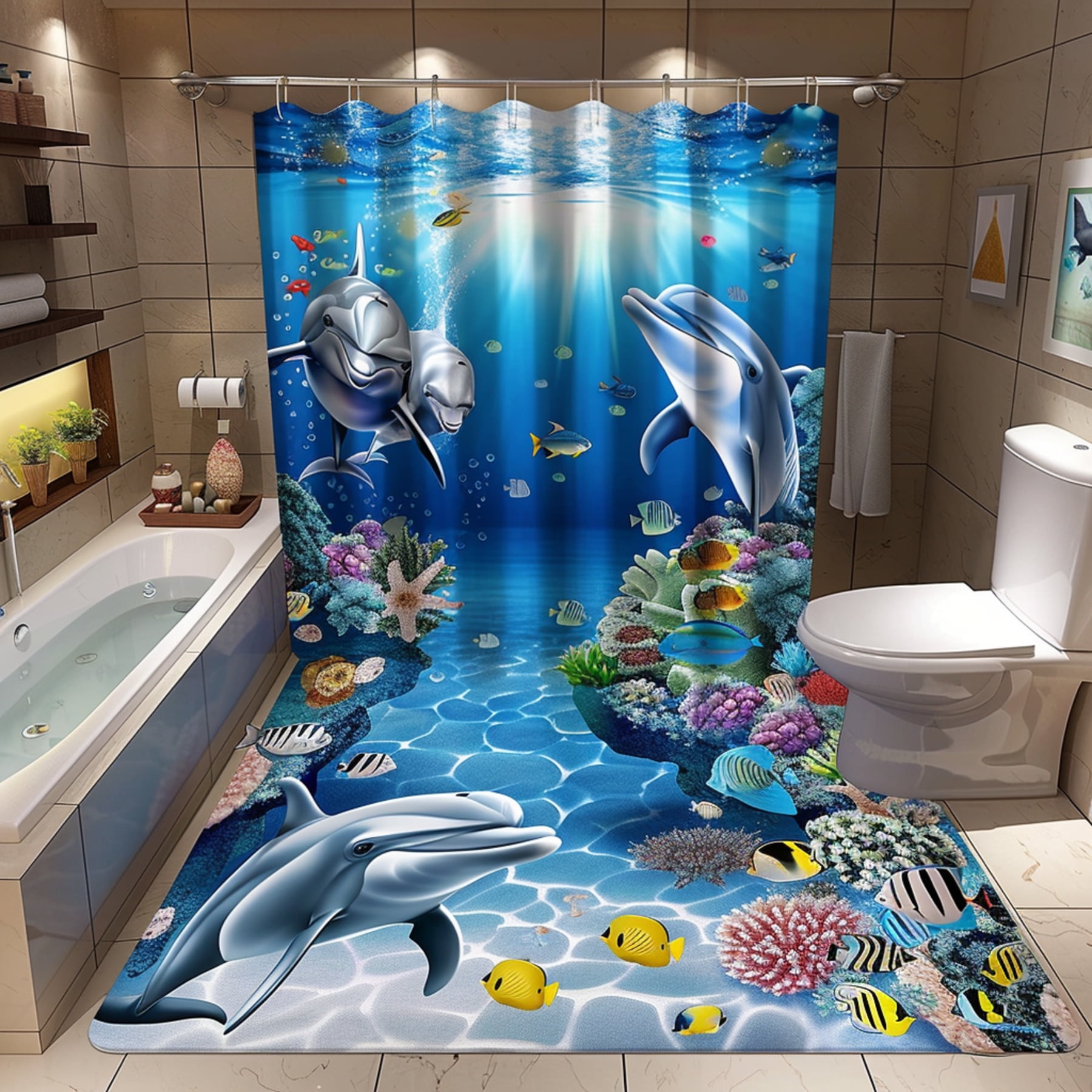 Dolphin and Fish Bathroom Shower Curtain with Ocean Theme High Detail ...