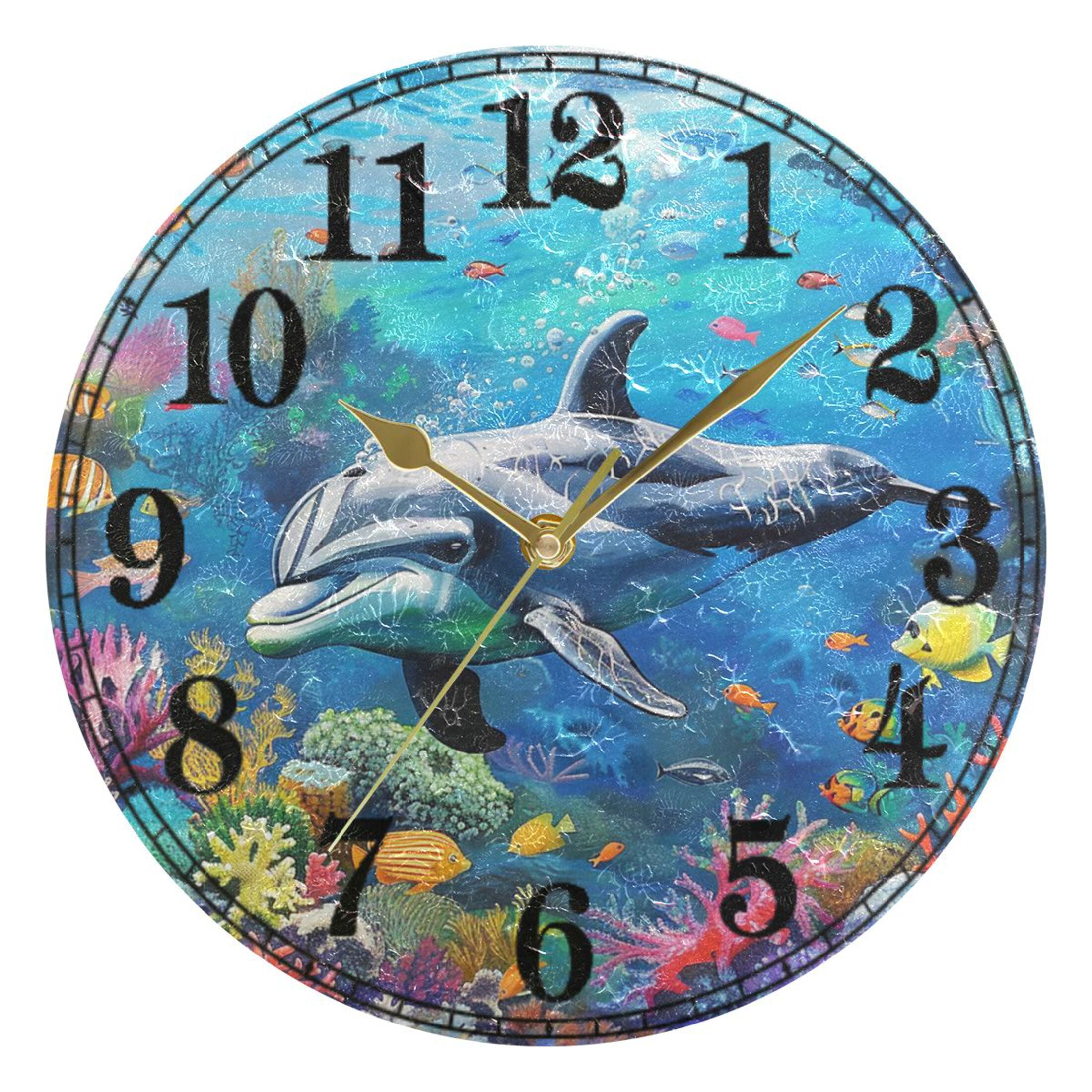 Dolphin and Fish under Sea Silent Wall Clock 10" Non-Ticking Battery ...