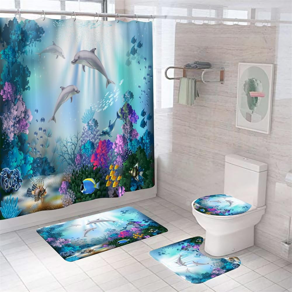 Dolphin and Ocean Life Shower Curtain, Blue Sea World Colorful ...