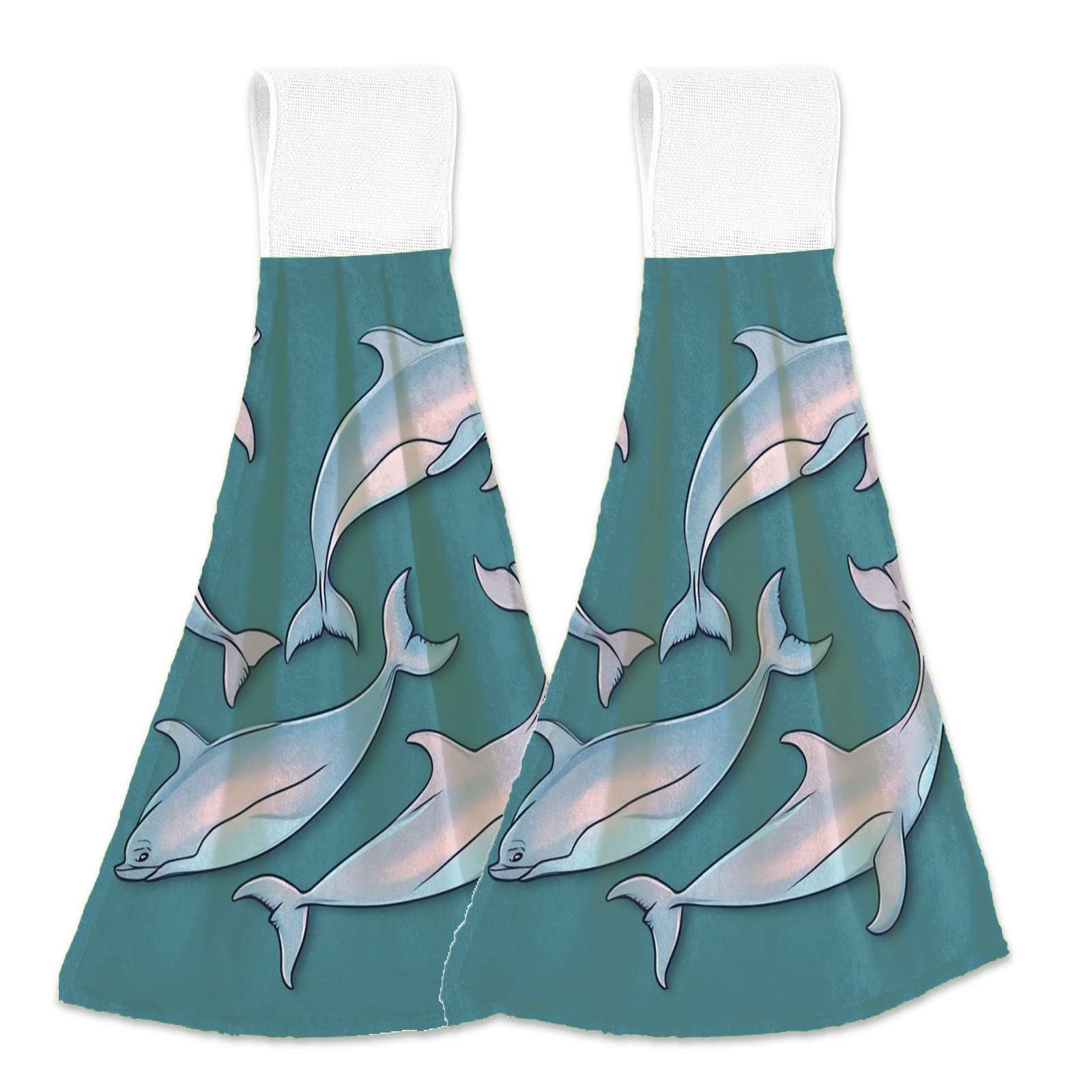 Dolphin dark blue background Hanging Kitchen Hand Towels Sets with Loop ...
