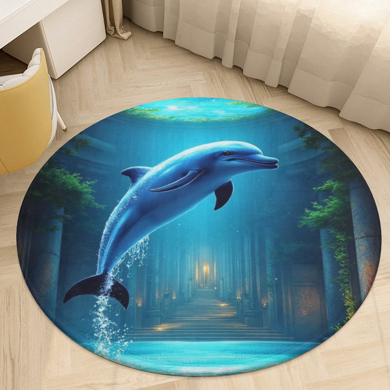 Dolphin in Ancient Temple Round Area Rugs for Bedroom Living Room, 4FT ...