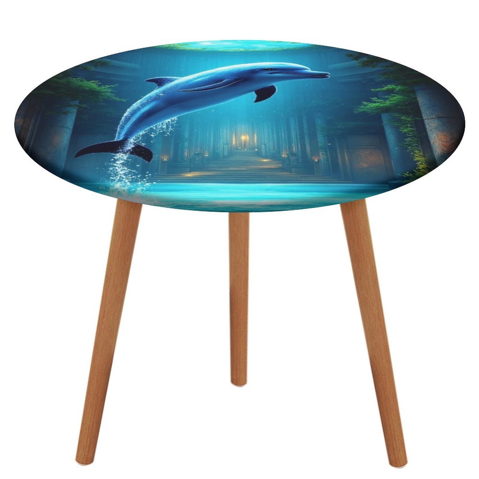 Dolphin in Ancient Temple Tablecloth Round Elastic Fitted Waterproof ...