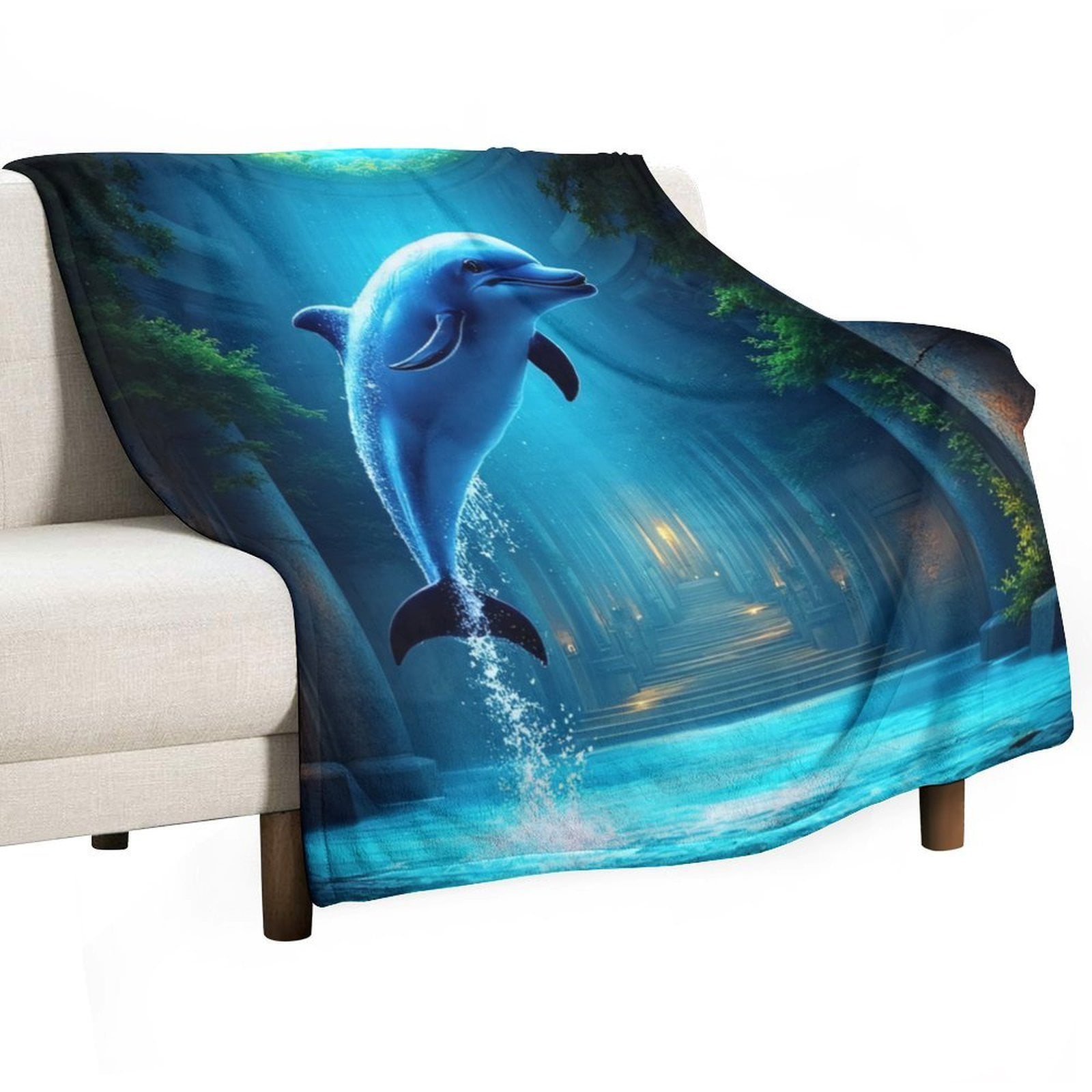 Dolphin in Ancient Temple Throw Blanket Warm Microfiber Flannel Bedroom ...
