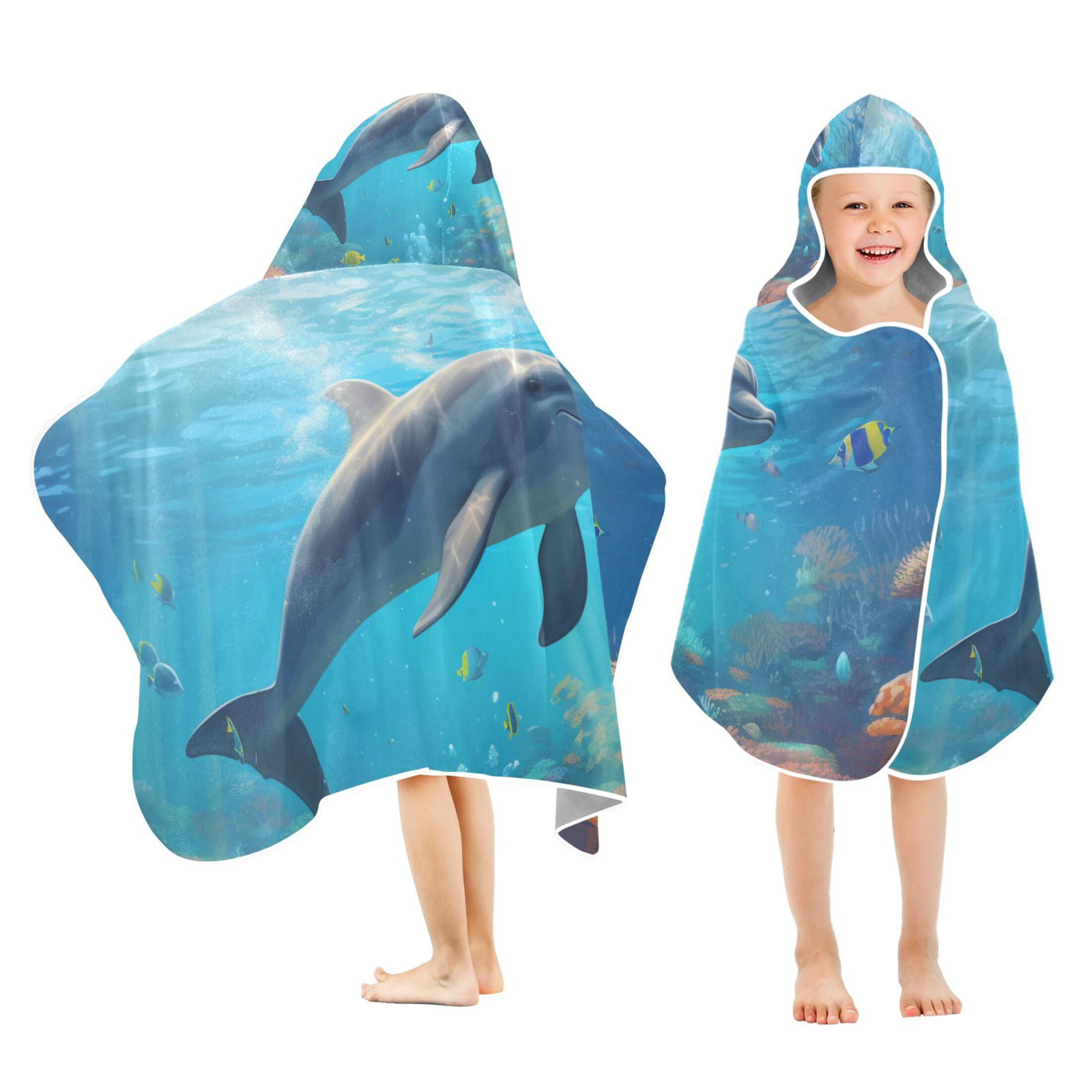 Dolphin in Ocean Toddler Hooded Beach Towel 24" x 50" Kids Bath Towels ...