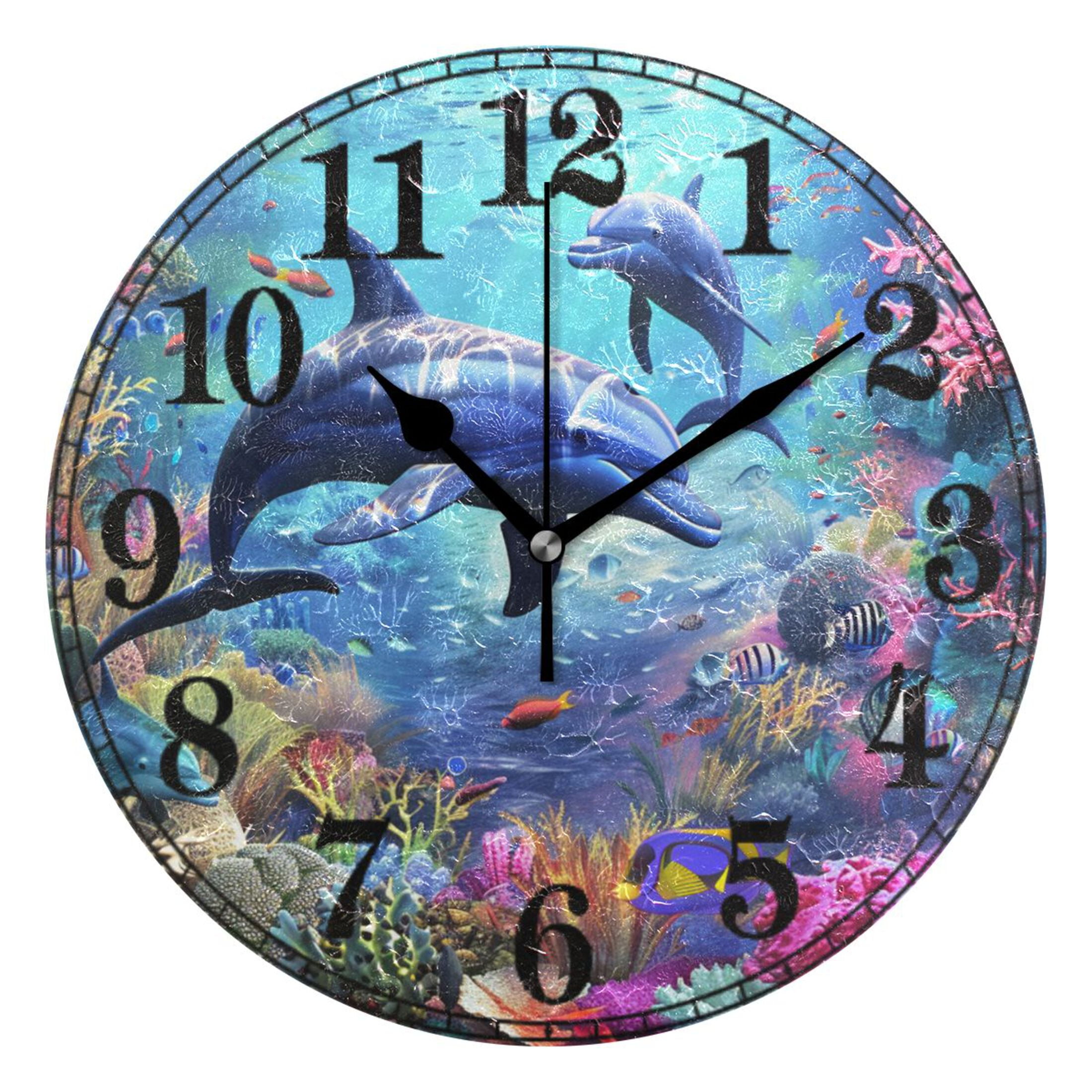 Dolphin under Sea Silent Wall Clock 10" Non-Ticking Battery Clock ...