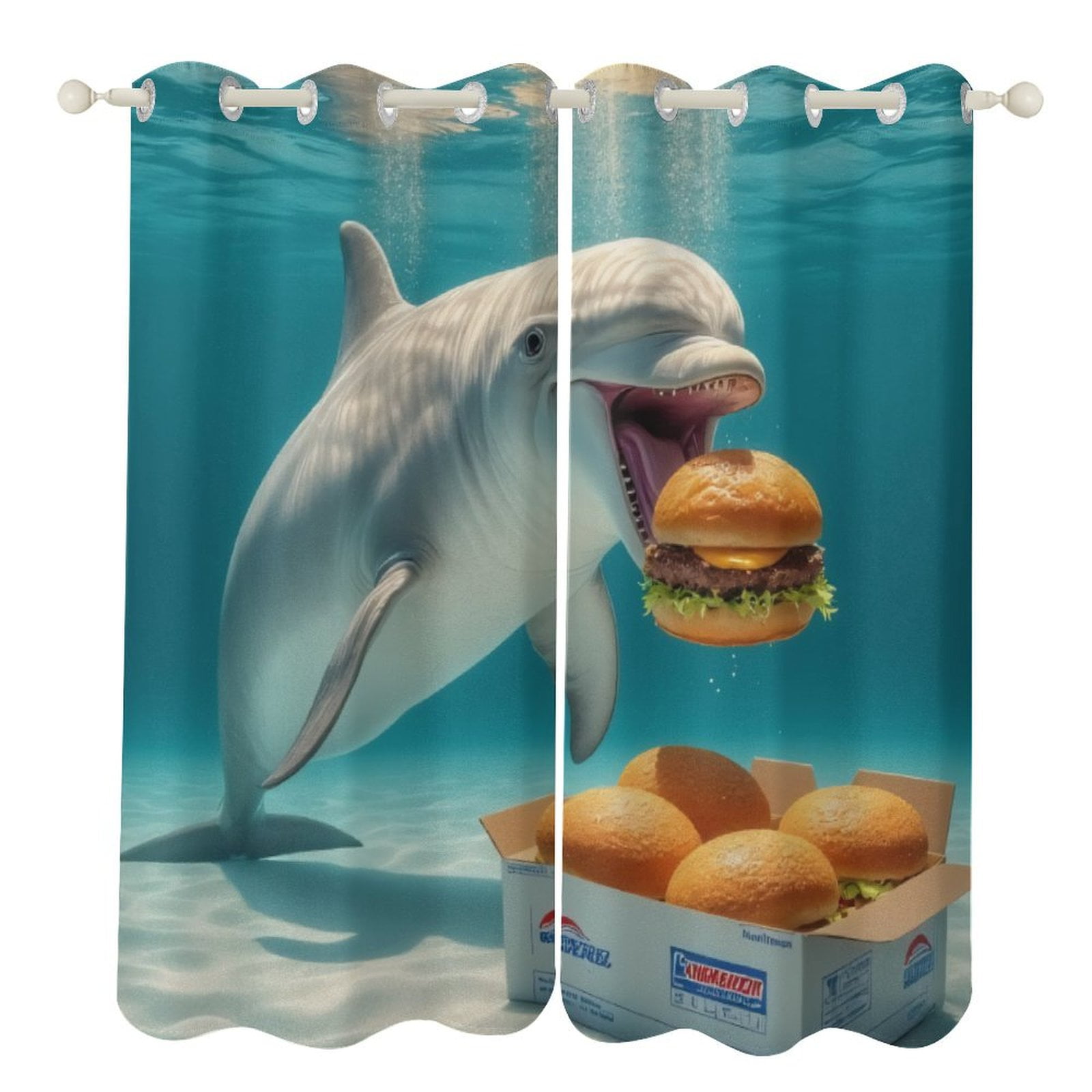 Dolphin with Hamburgers Underwater 2 Panels 3D Printing Pattern Curtain for Bedroom Living Room ...