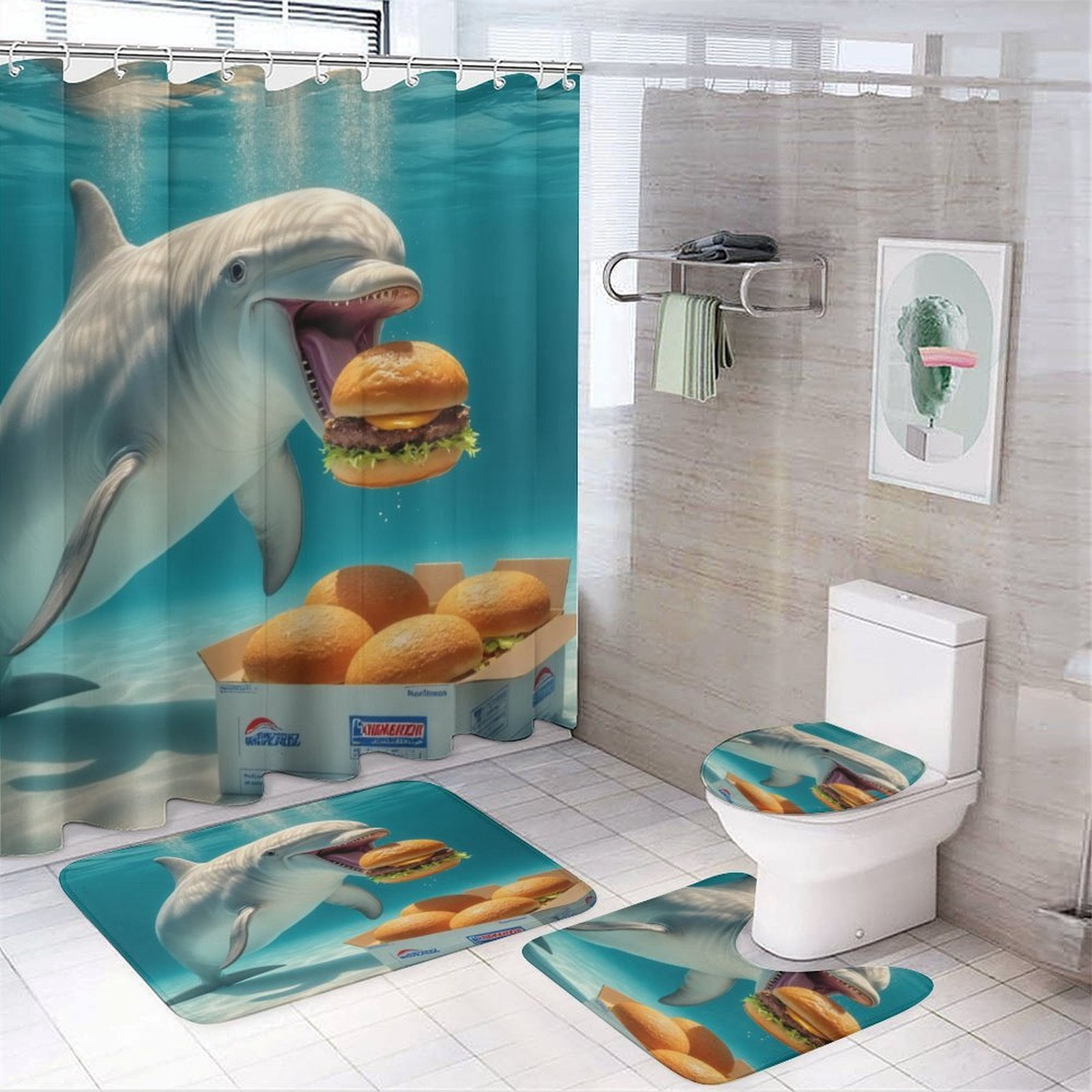 Dolphin with Hamburgers Underwater Shower Curtain Bathroom Sets Toilet ...