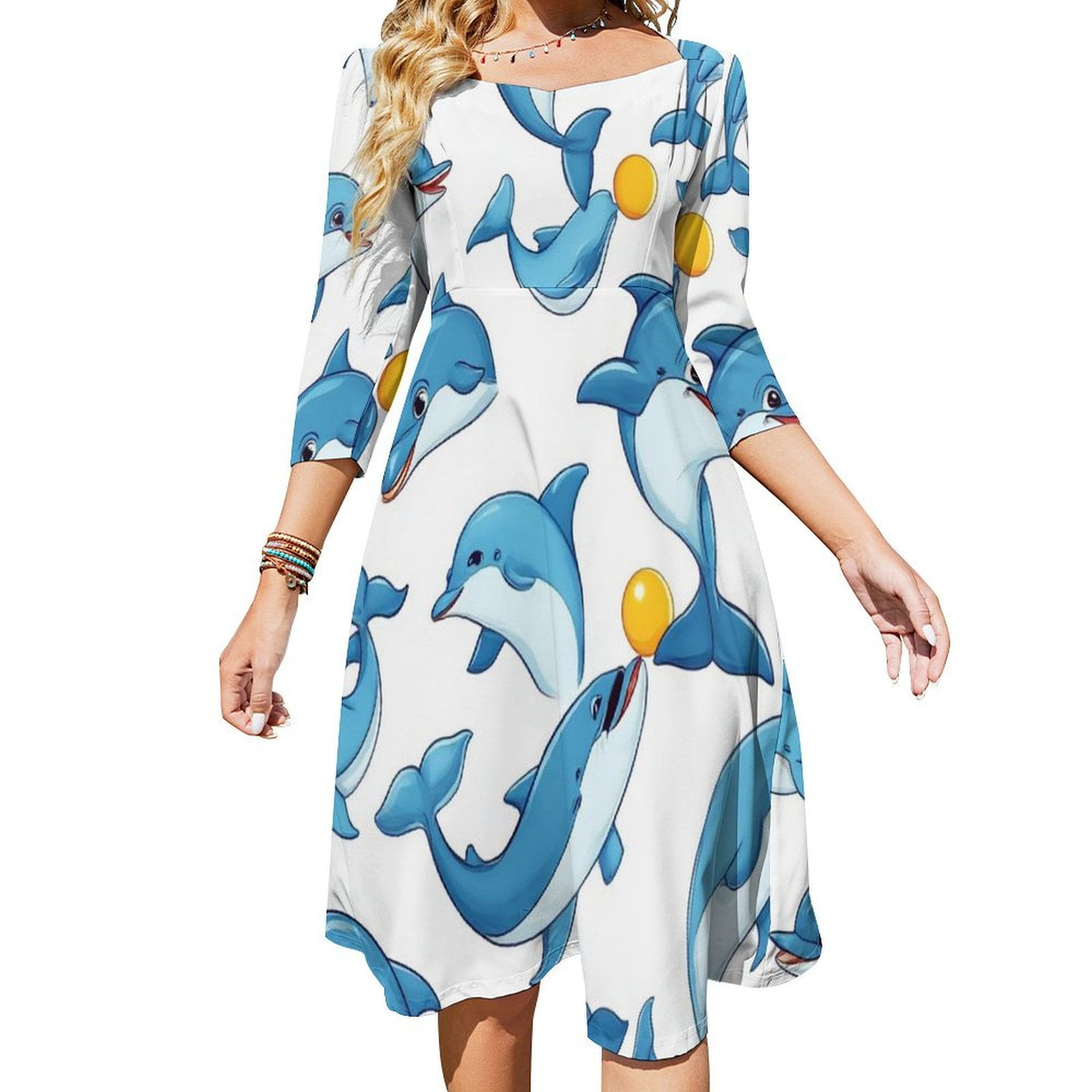 Dolphins-1 Flare Dress Square Neck Dress Elegant Female Fashion Printed ...