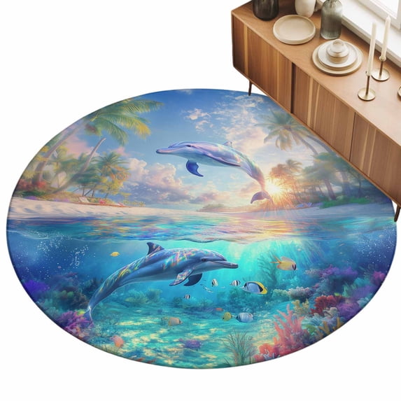 Dolphins Area Rugs 3' (Round) Ocean World Summer Floor Rug Non Slip Low ...