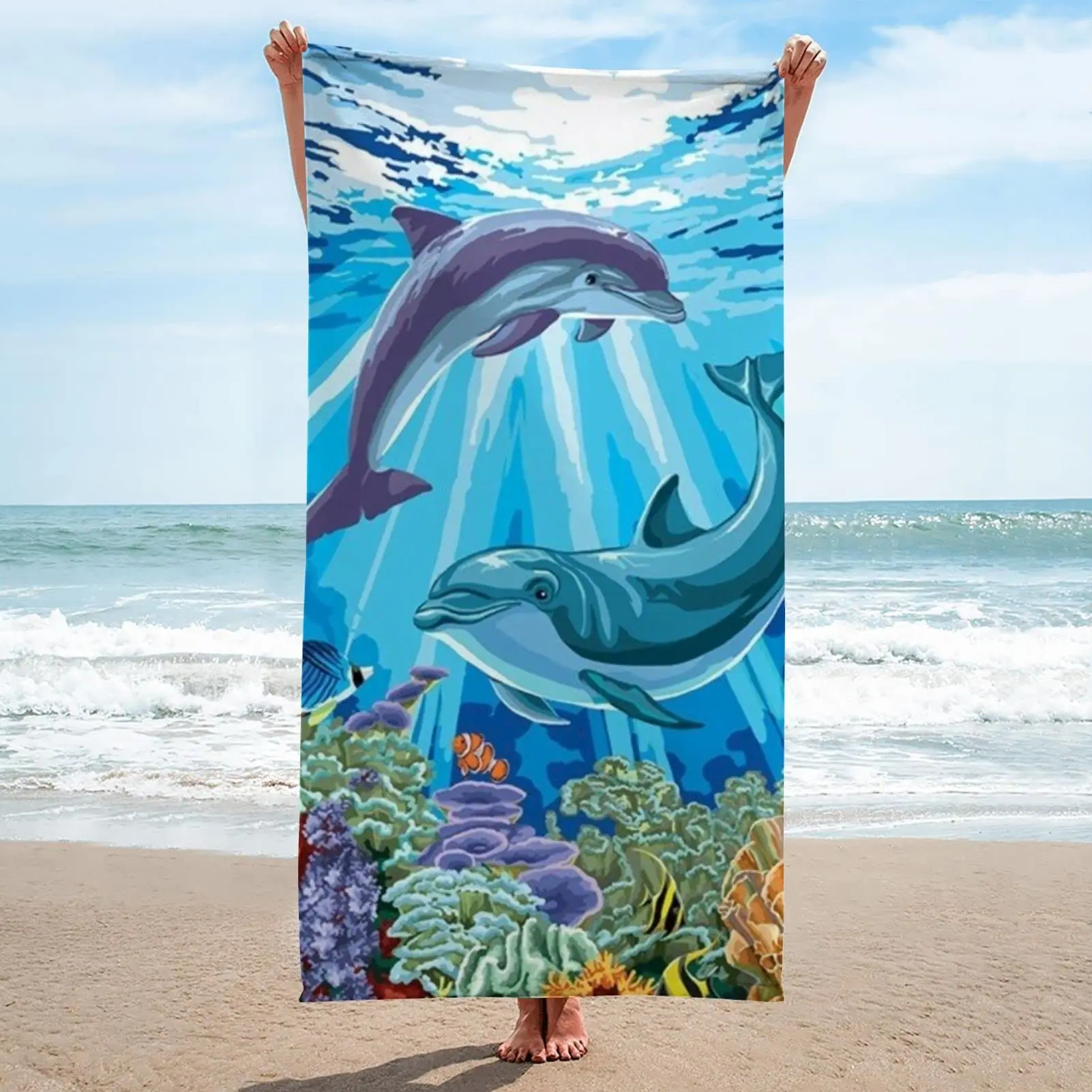 Dolphins Beach Towel Moon Super Soft Plush Beach Bath Pool Towel Blue ...