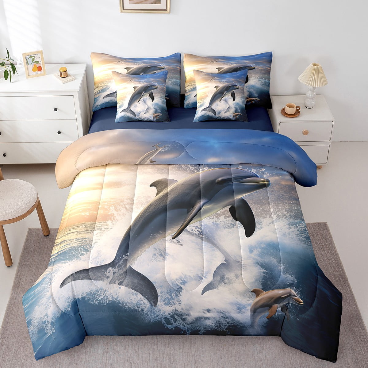 Dolphins Bed in a Bag Twin Size,Sunshine Dusk Ocean Animals Comforter ...