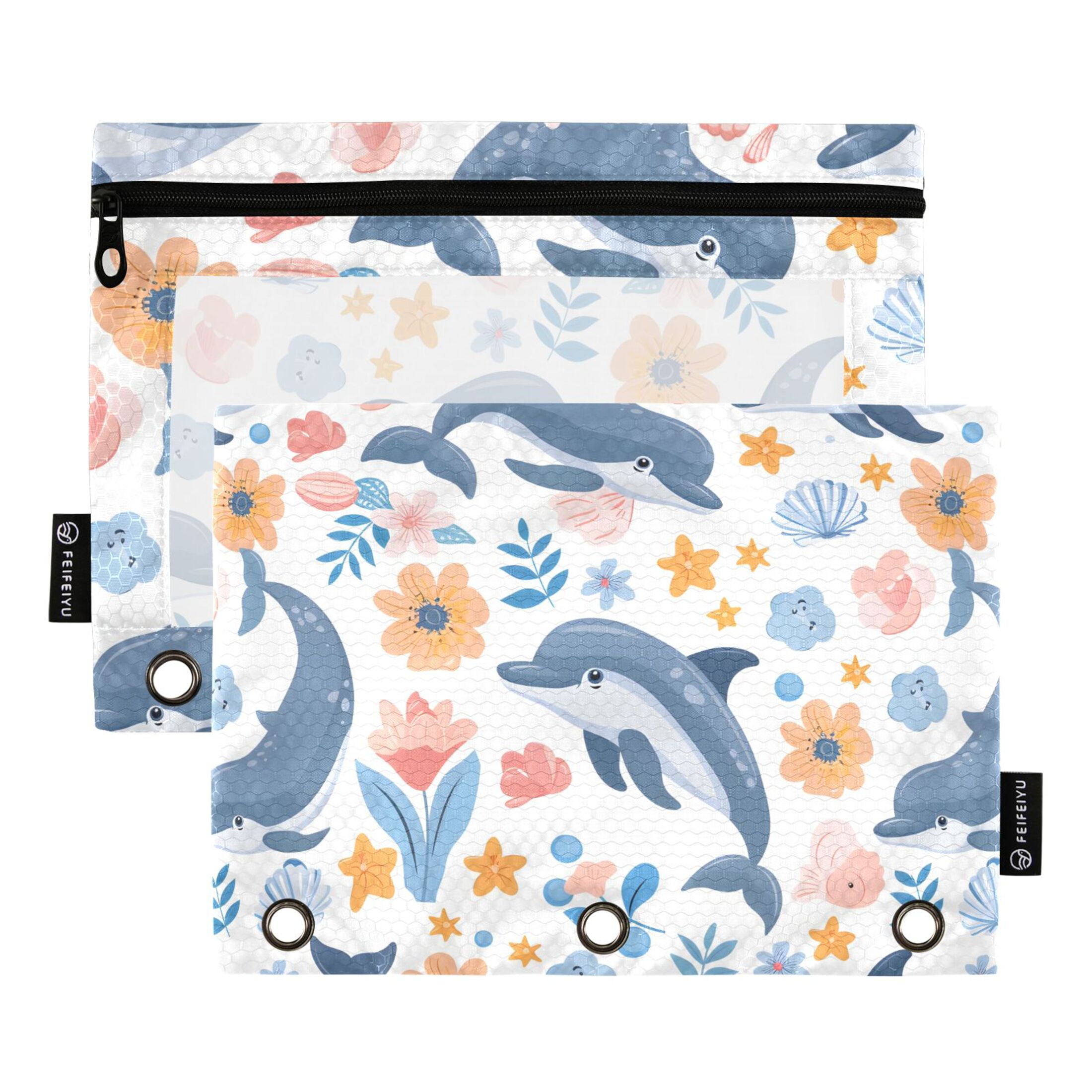Dolphins Flower Shell Leaf 2 Pack Pencil Pouch for 3 Ring Binder Smooth ...