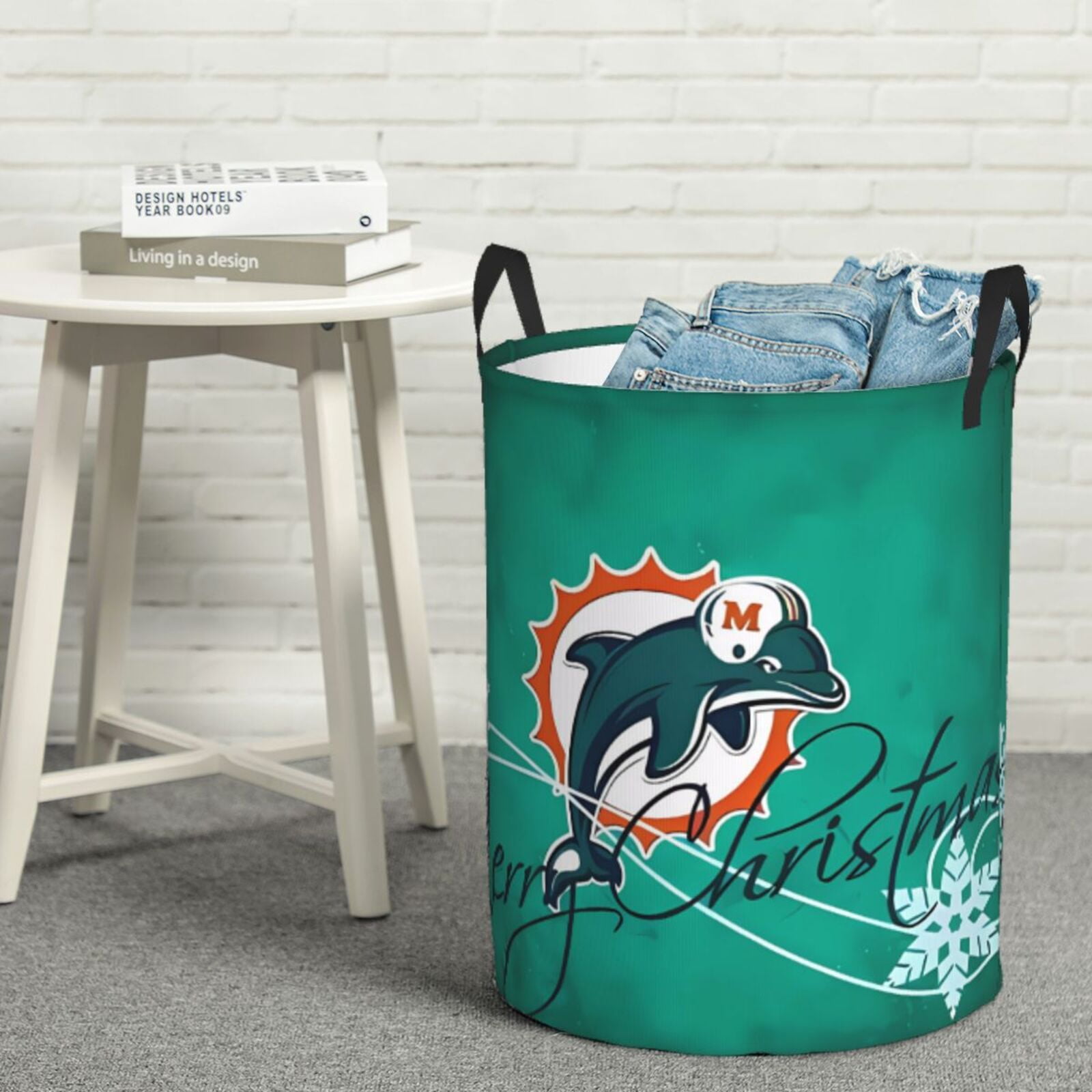 Dolphins Football Team Custom Laundry Basket with Handle Round Single ...