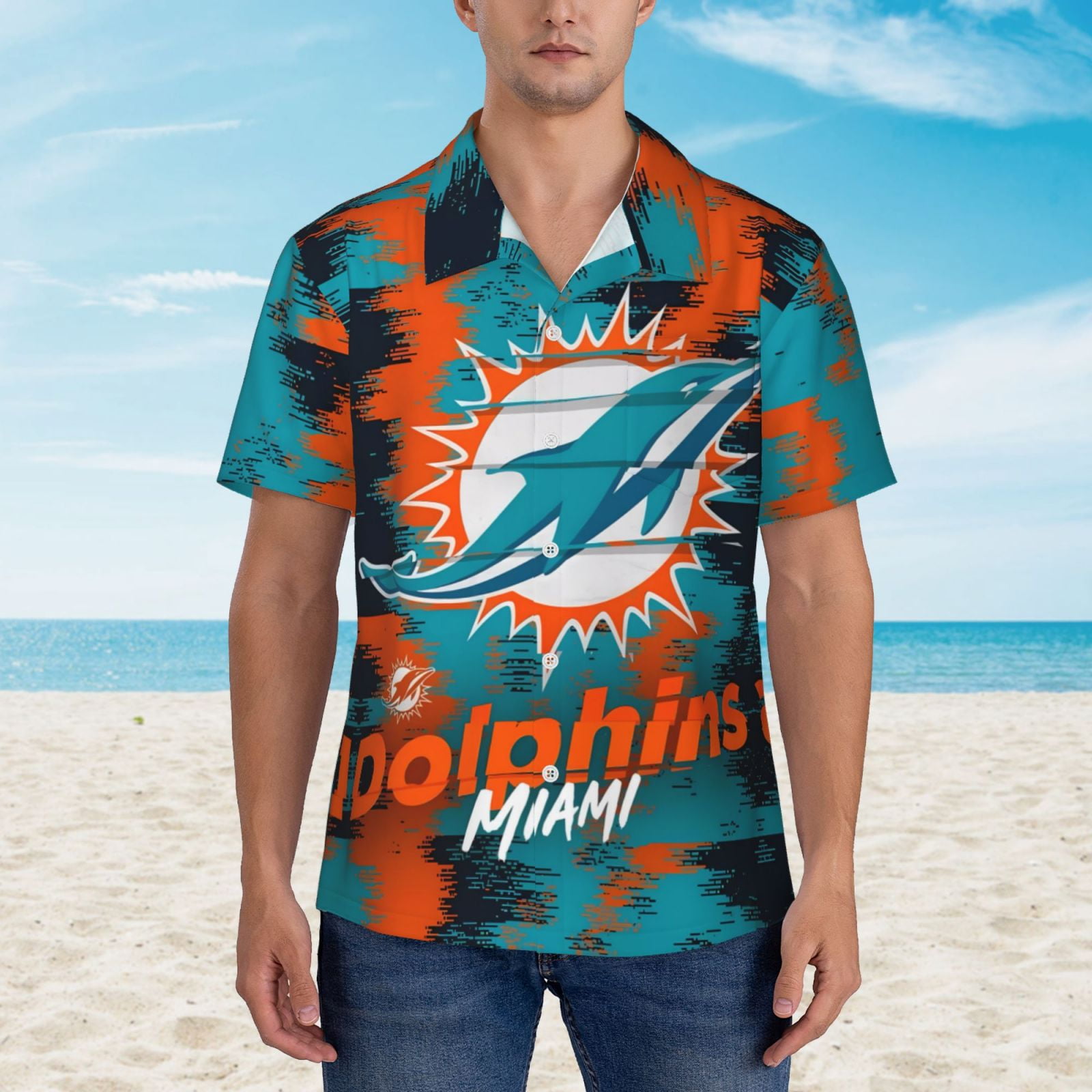 Dolphins Football Team Men's Short Sleeve Hawaiian Dhirt, Men's Loose ...