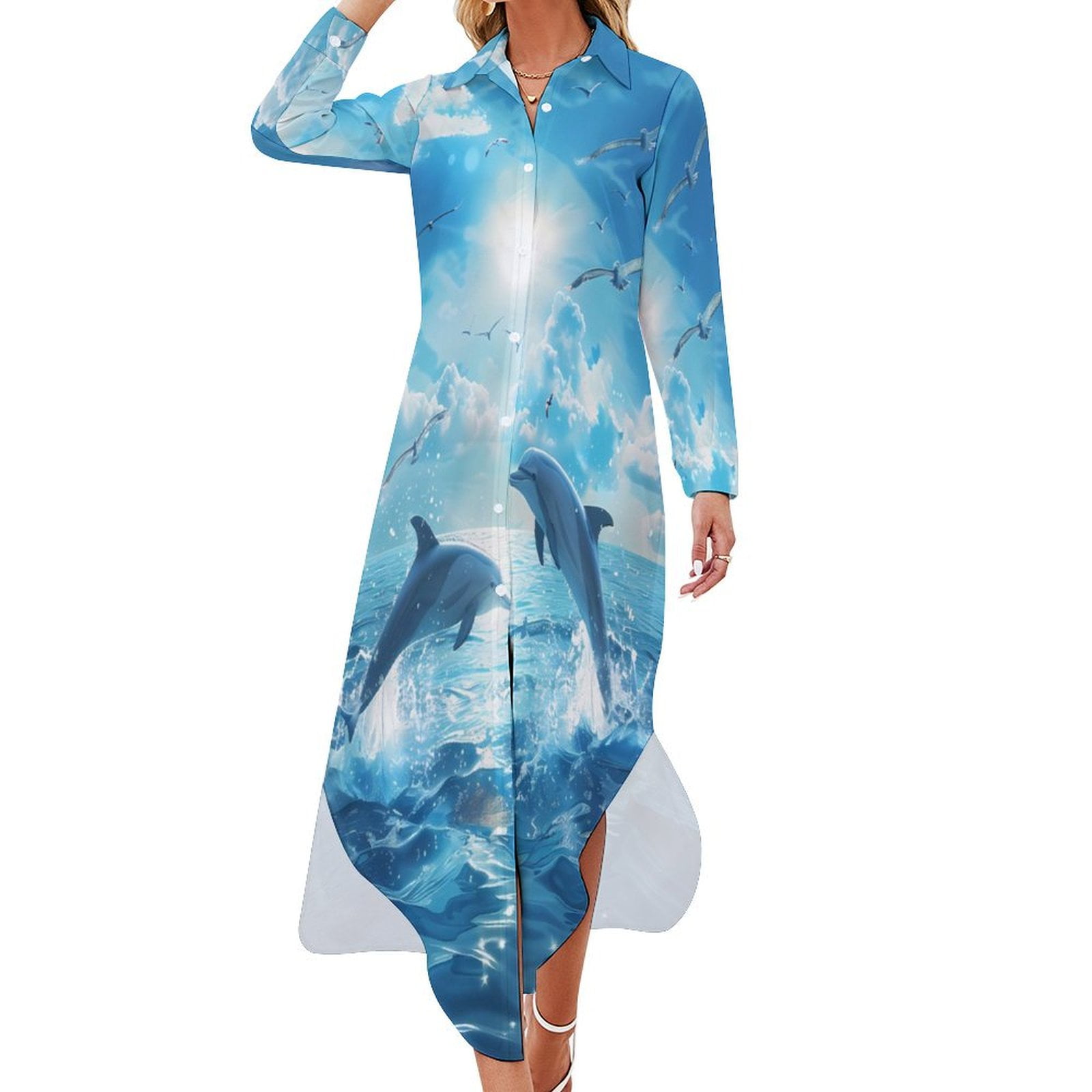 Dolphins Jumping Out of Water Women's Maxi T Shirt Dress Long Sleeve ...