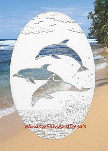 Dolphins Jumping Oval Etched Window Decal Vinyl Glass Cling - 21" x 33 ...