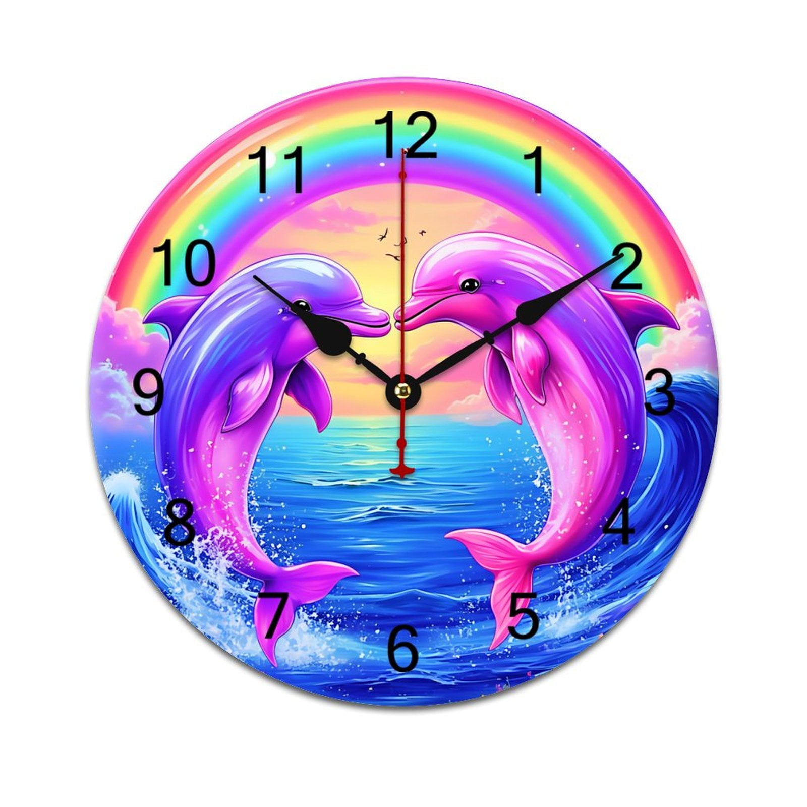 Dolphins Jumping Seashell Colorful Fish Printed Silent Wall Clock Round ...