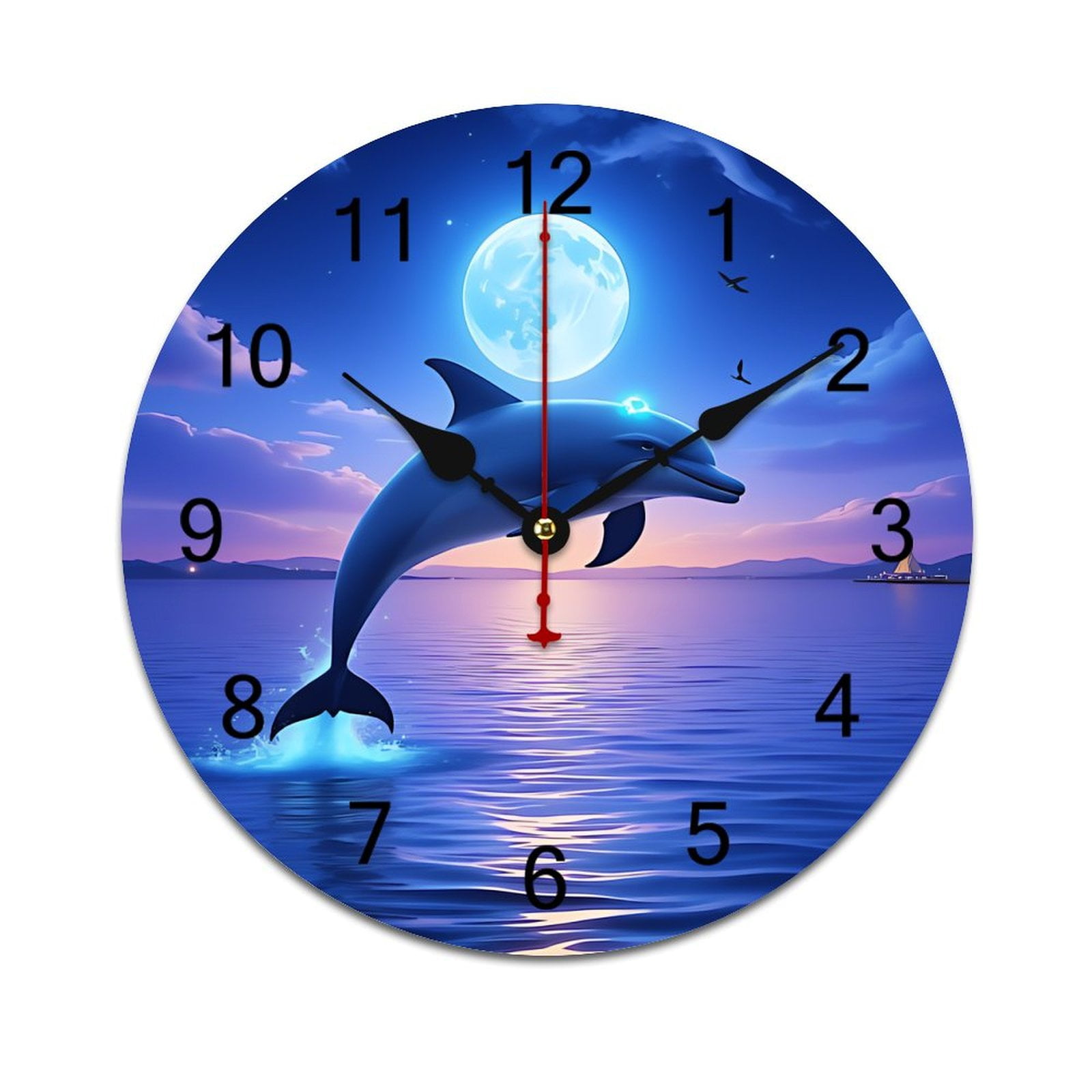 Dolphins Jumping Seashell Colorful Fish Printed Silent Wall Clock Round ...
