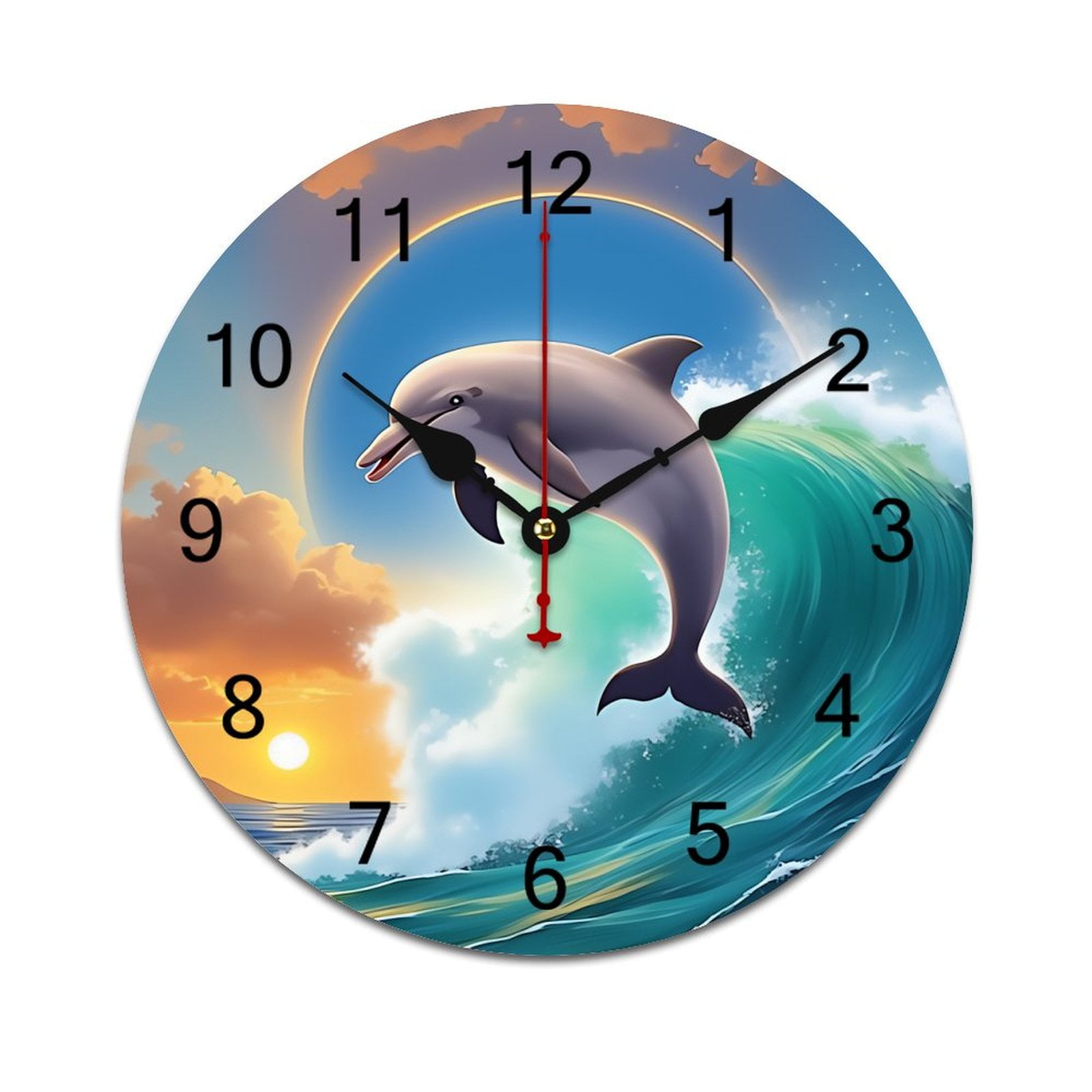 Dolphins Jumping Seashell Colorful Fish Printed Silent Wall Clock Round ...