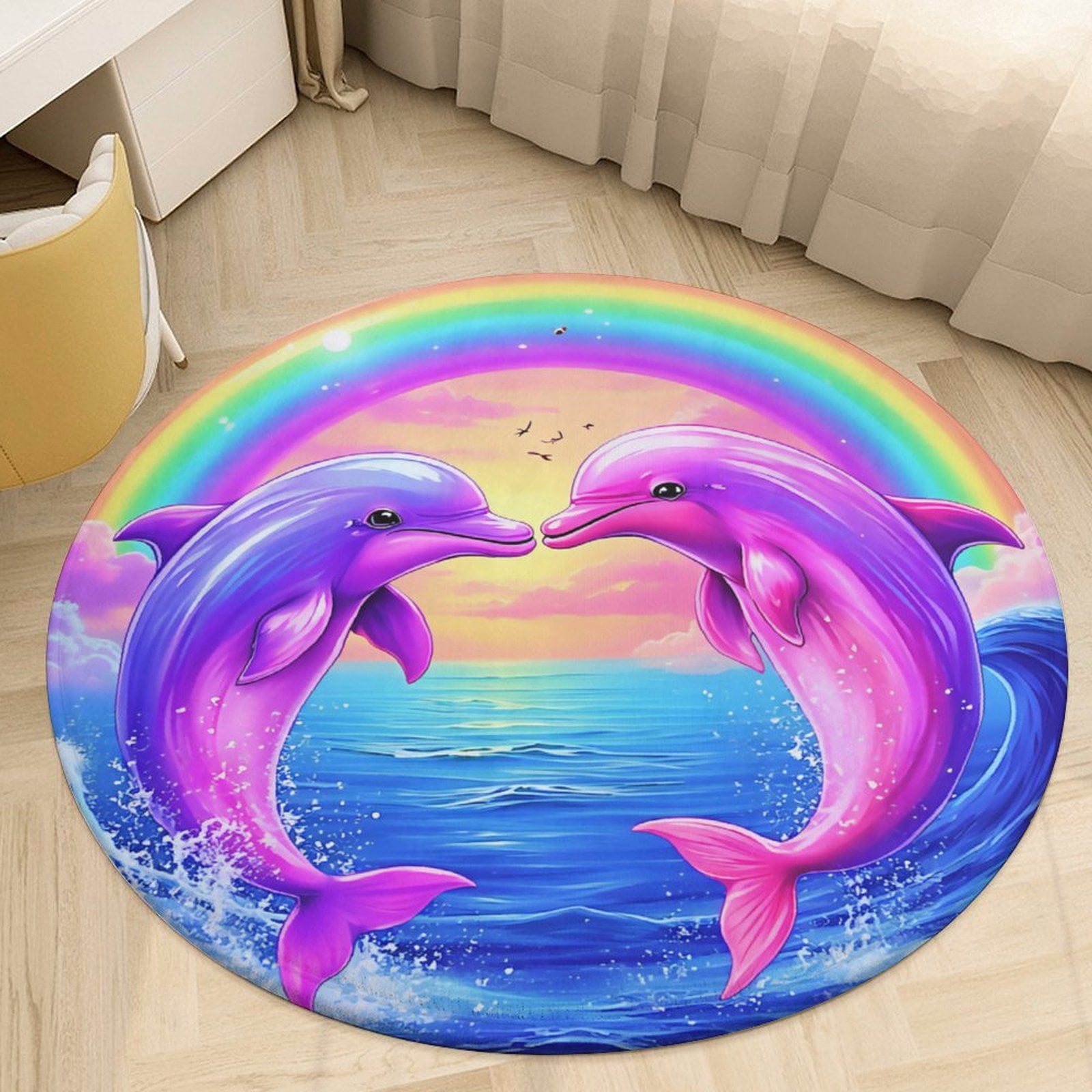 Dolphins Jumping Seashell Colorful Fish Round Area Rugs for Bedroom ...