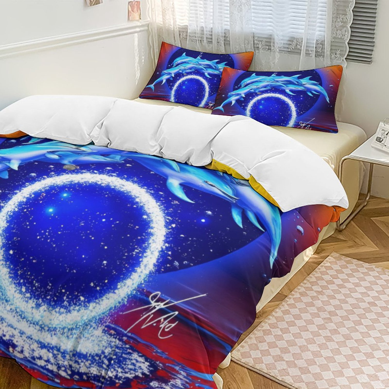 Dolphins Jumping Through Glowing Ring 3D Duvet Cover Set Quilt Cover ...