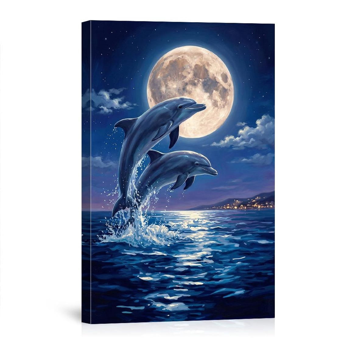 Dolphins Jumping Under Full Moon Serene Coastal Ocean For Bedroom ...
