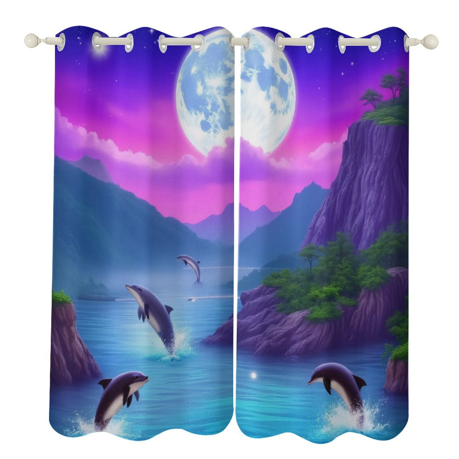 Dolphins Jumping Under Moonlight Blackout Window Curtains for Bedroom ...
