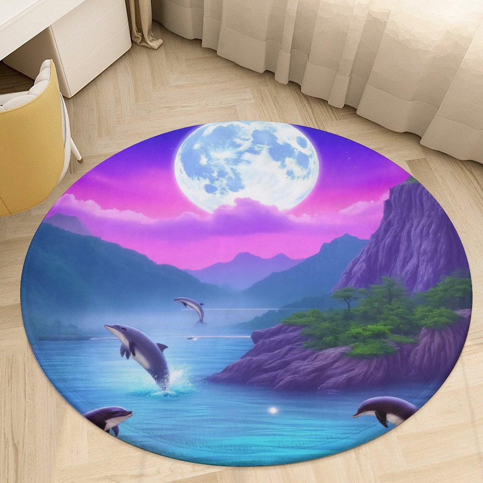 Dolphins Jumping Under Moonlight Round Area Rugs for Bedroom Living ...