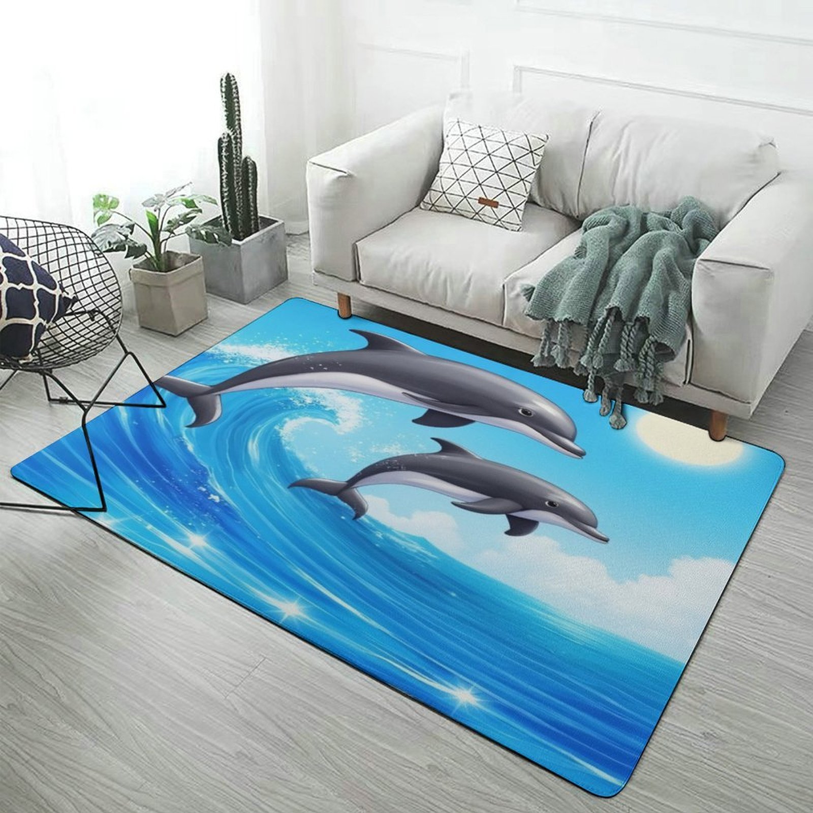 Dolphins Jumping in Sunlit Ocean Carpet Style Living Room Bedroom Rug ...