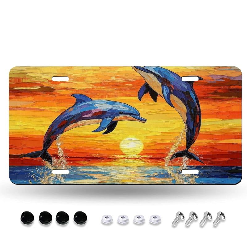 Dolphins Leaping At Sunset Mosaic - Style License Plate Frame ...