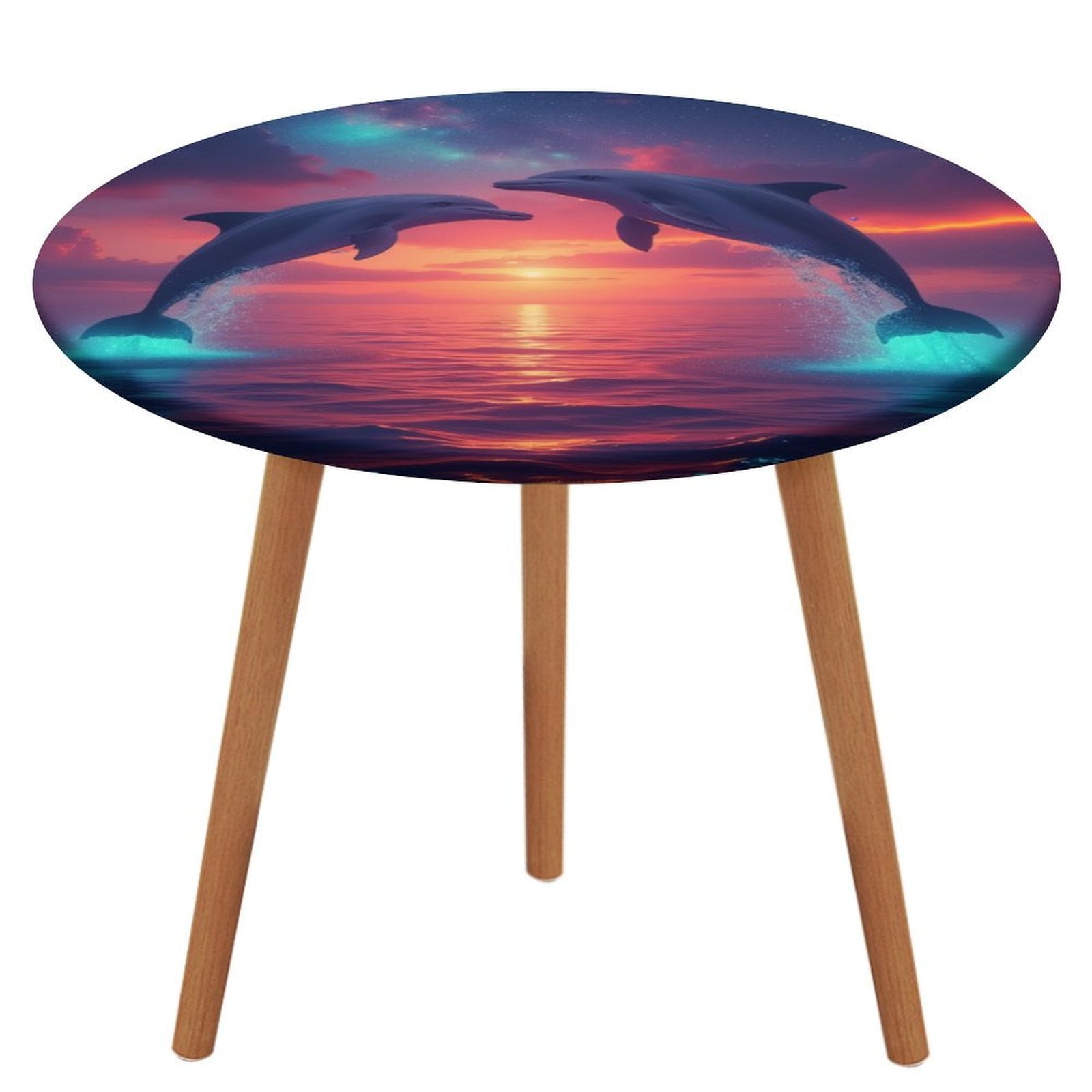 Dolphins Leaping at Sunset Pattern Round Tablecloth Waterproof Elastic Table Clothes for Dining ...
