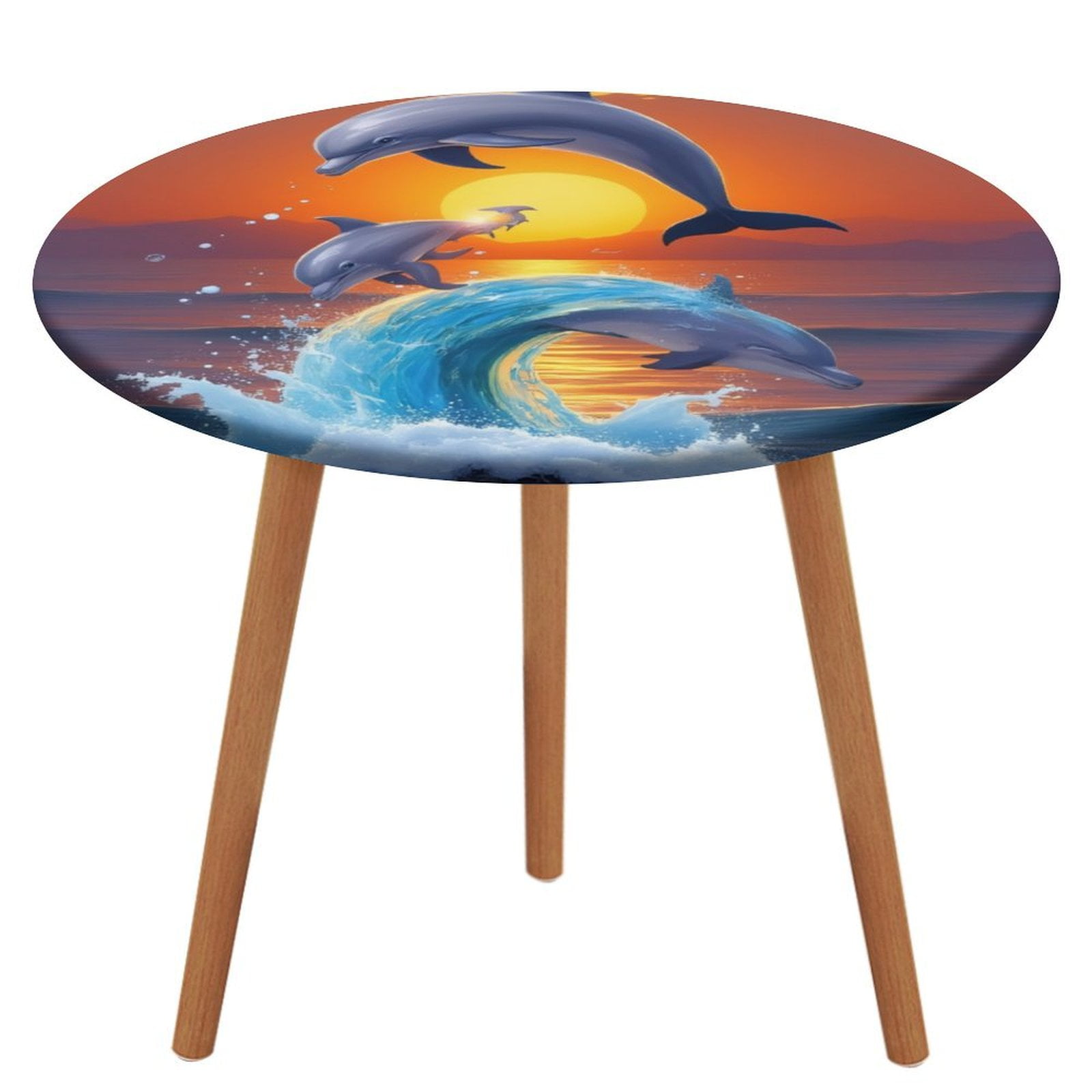 Dolphins Leaping at Sunset Pattern Round Tablecloth Waterproof Elastic ...
