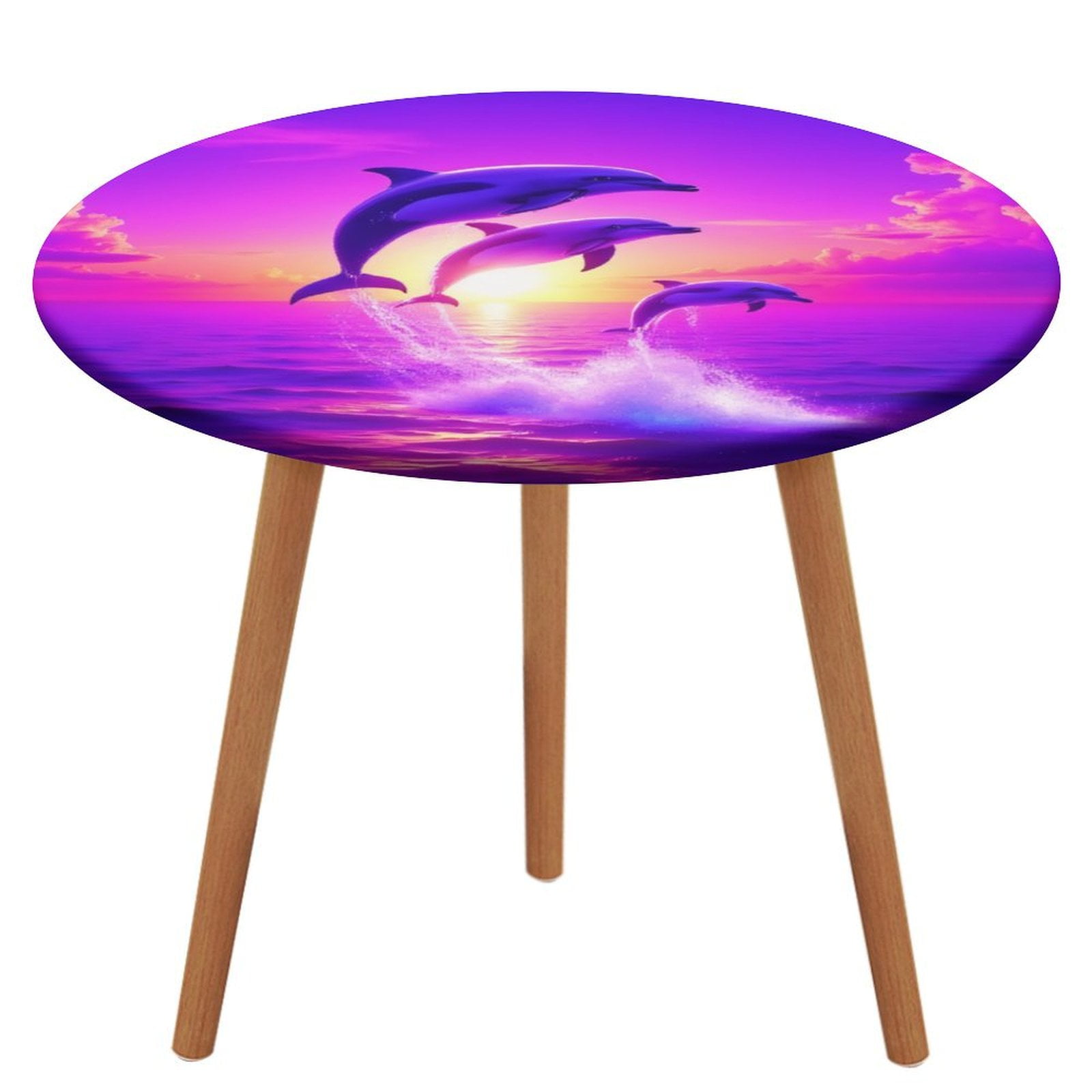 Dolphins Leaping at Sunset Pattern Round Tablecloth Waterproof Elastic Table Clothes for Dining ...