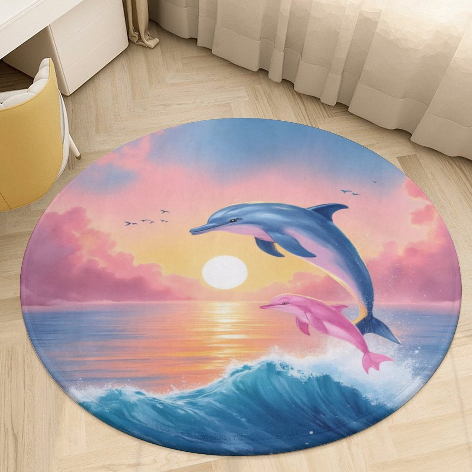 Dolphins Leaping at Sunset Round Area Rugs for Bedroom Living Room, 5FT Soft Indoor Circle ...
