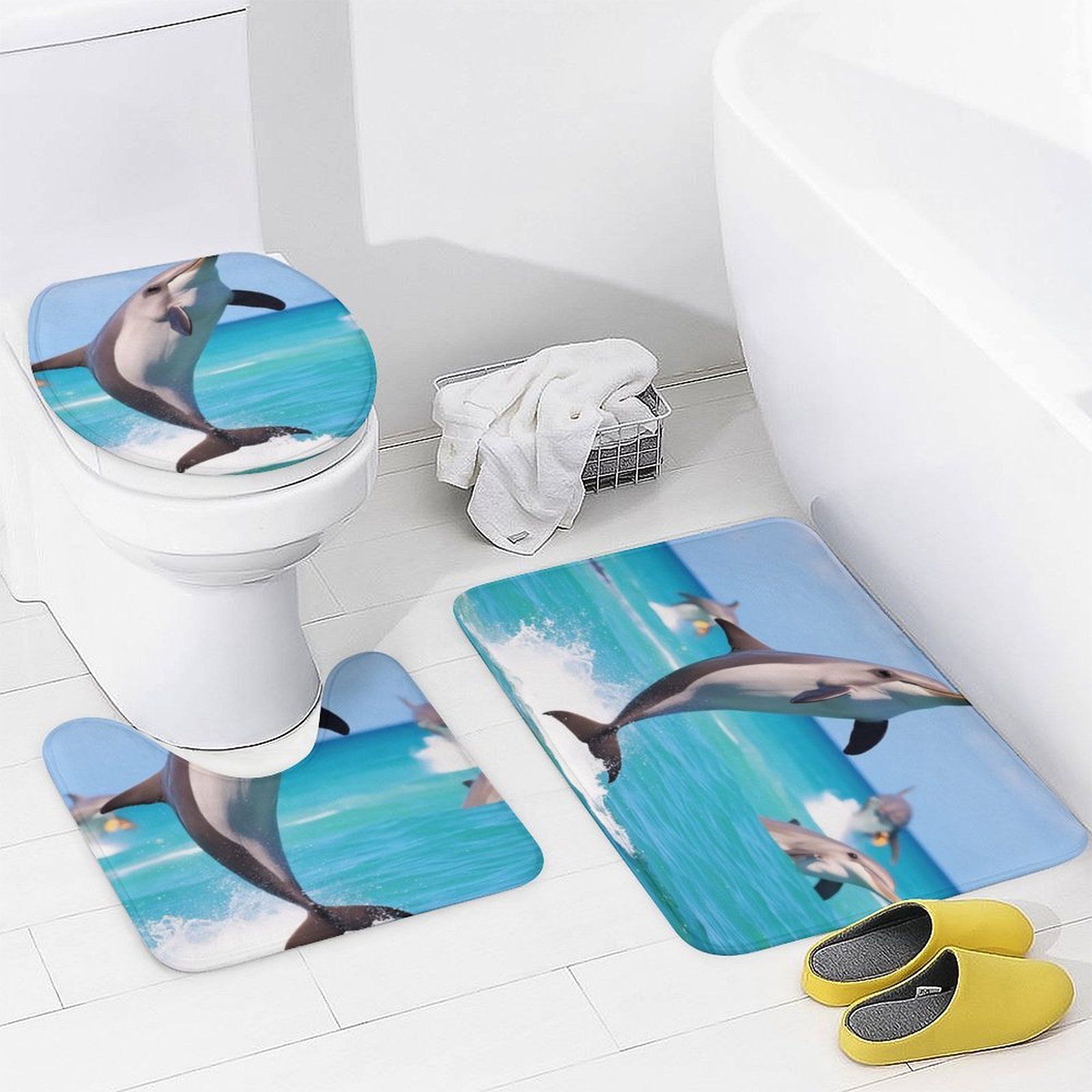 Dolphins Leaping in Blue Ocean Bathroom Rugs Sets 3 Piece Toilet Lid ...