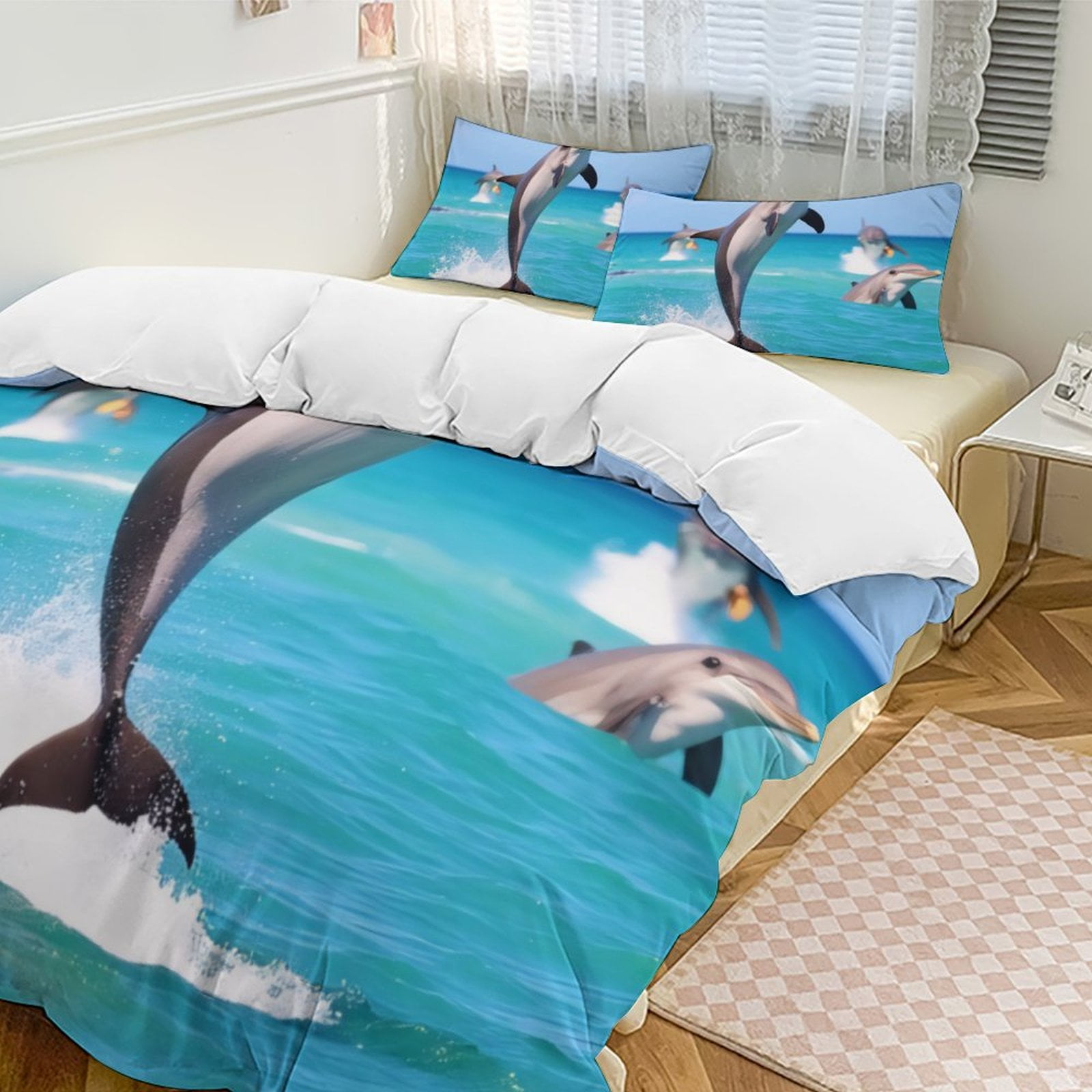 Dolphins Leaping in Blue Ocean Duvet Cover Set Themed Multicolor ...