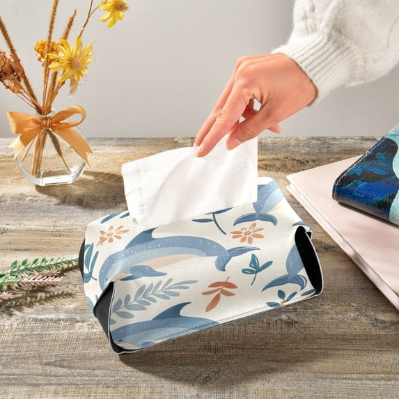 Dolphins Leaves Cartoon Style Leather Tissue Box Cover Rectangle Tissue ...