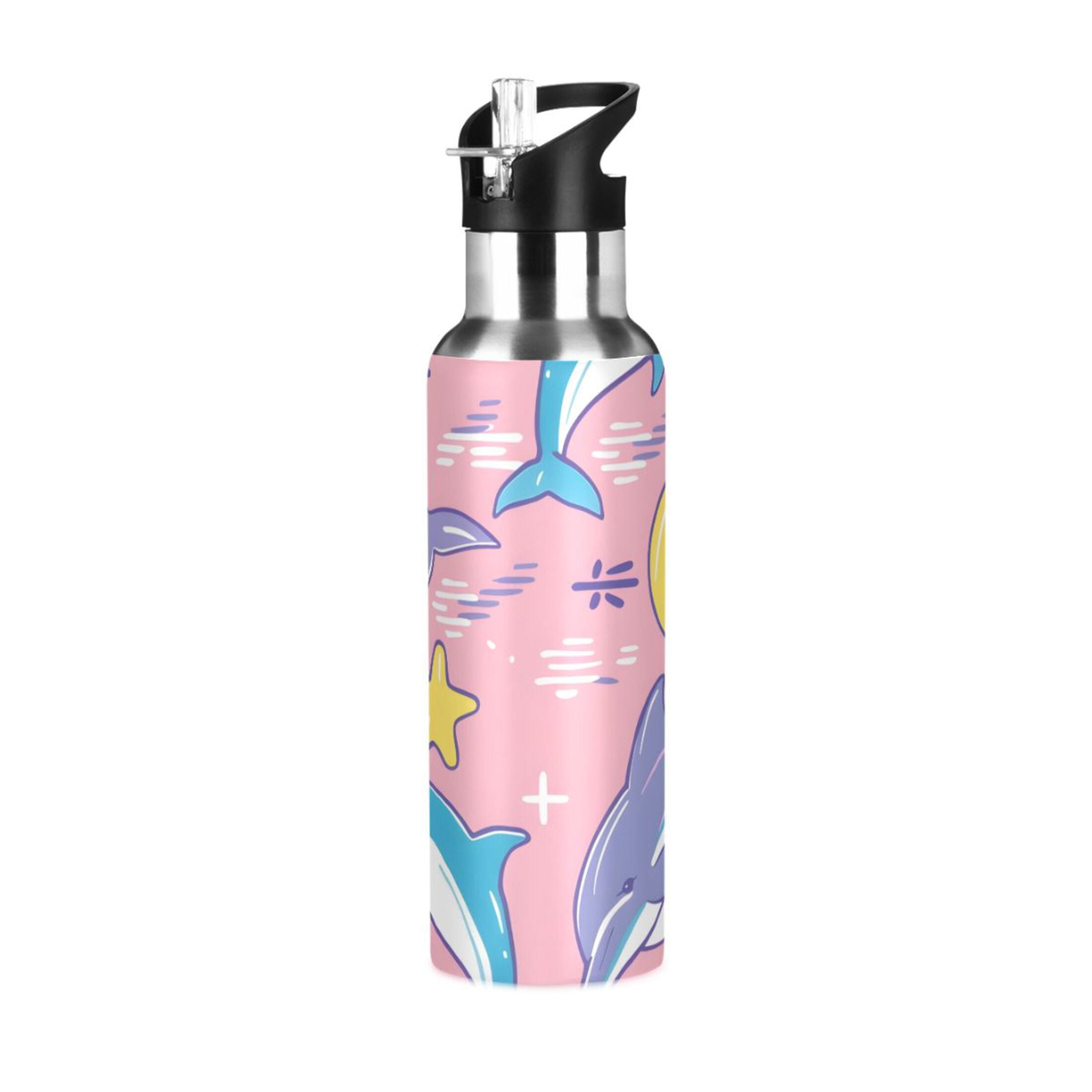 Dolphins Moon Stars Palm Trees Sports Bottle with Straw Stainless Steel Water Jug Portable ...