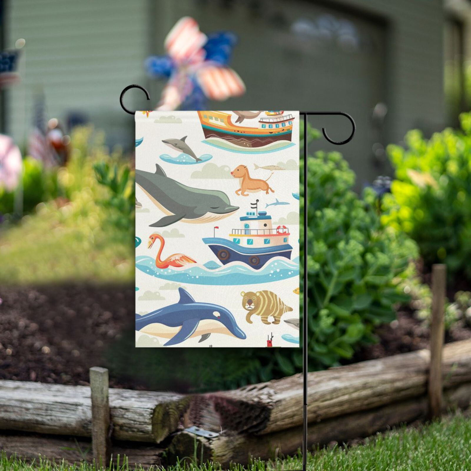 Dolphins Ship Fish Waves Garden Flag Double Sided Outdoor Banners for ...