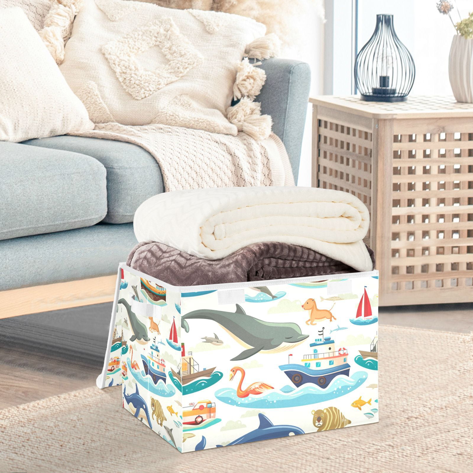 Dolphins Ship Fish Waves Storage Basket Foldable Laundry Basket Shelf ...