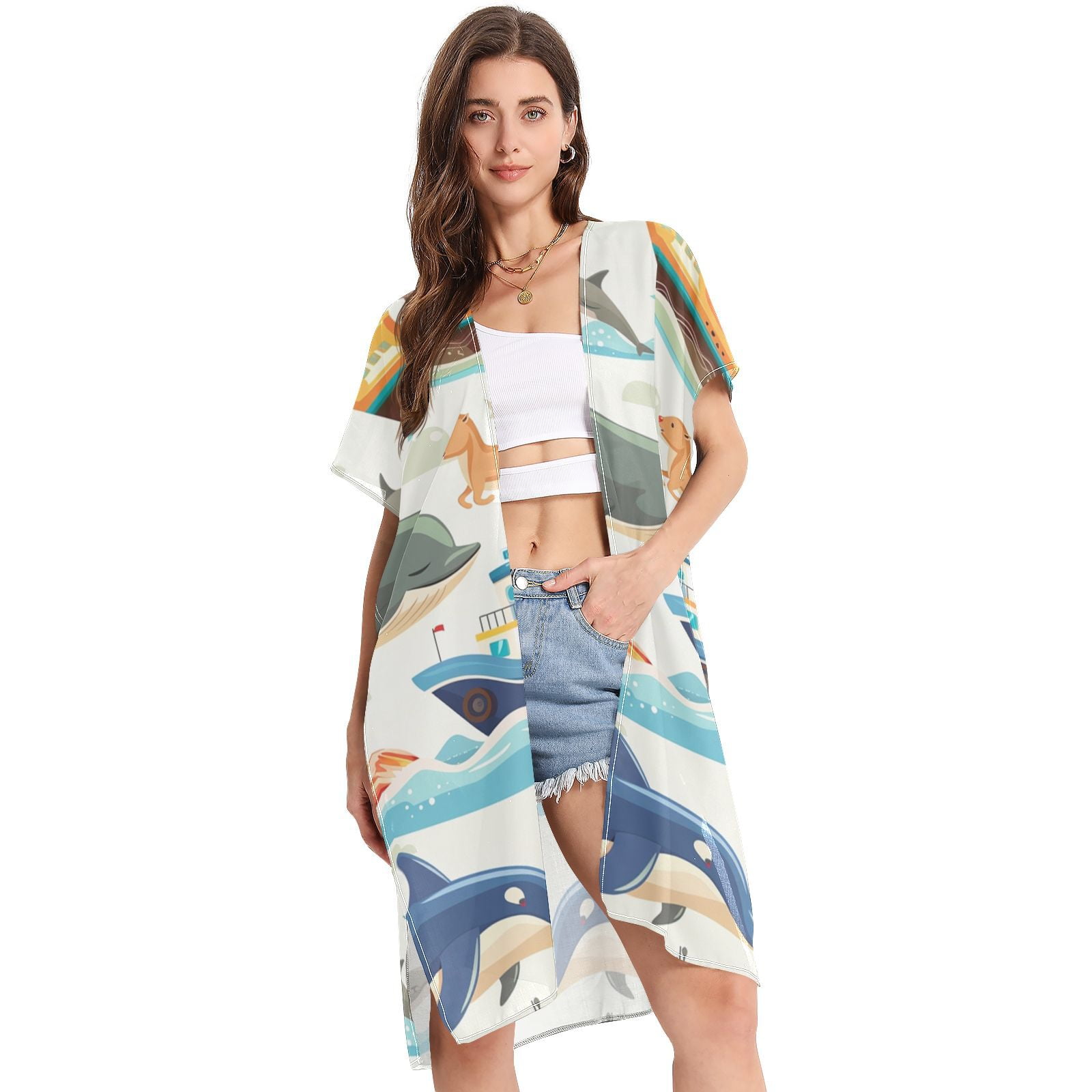 Dolphins Ship Fish Waves Women Swimsuit Cover up V Neck Beach Dress ...