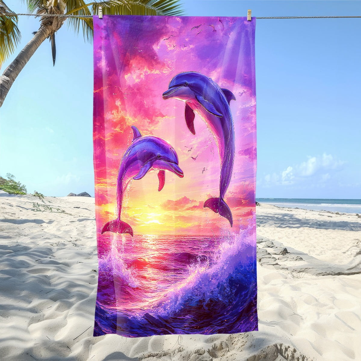 Dolphins Sunset Purple Extra Large Beach Towel - Ultra Soft Quick-Dry ...